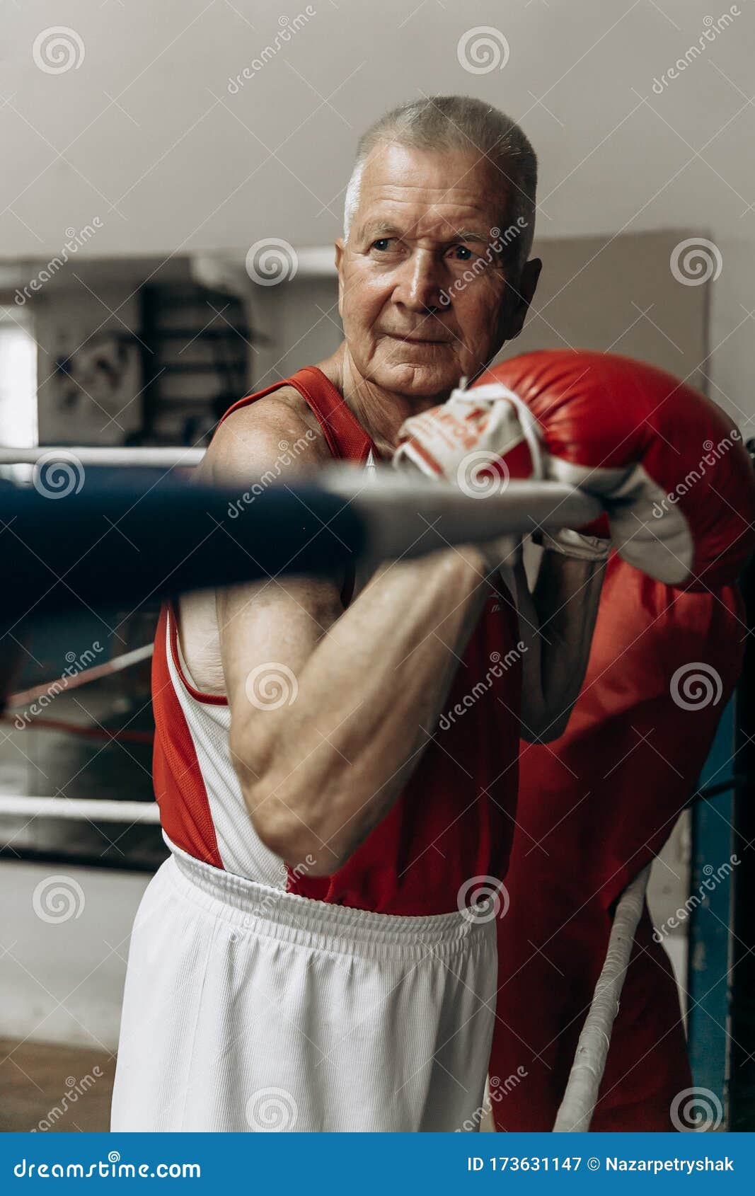 Elderly Boxer Thinks about Tactics before a Fight in the Ring Stock ...