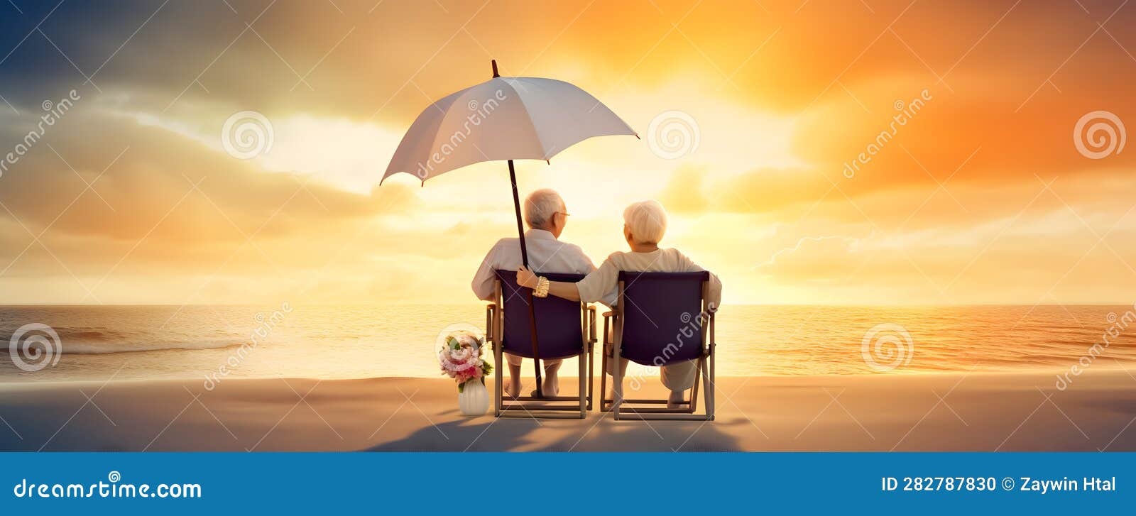 Elderly Couple Sitting At Sunset Beach Concept Of Elderly Love Ai
