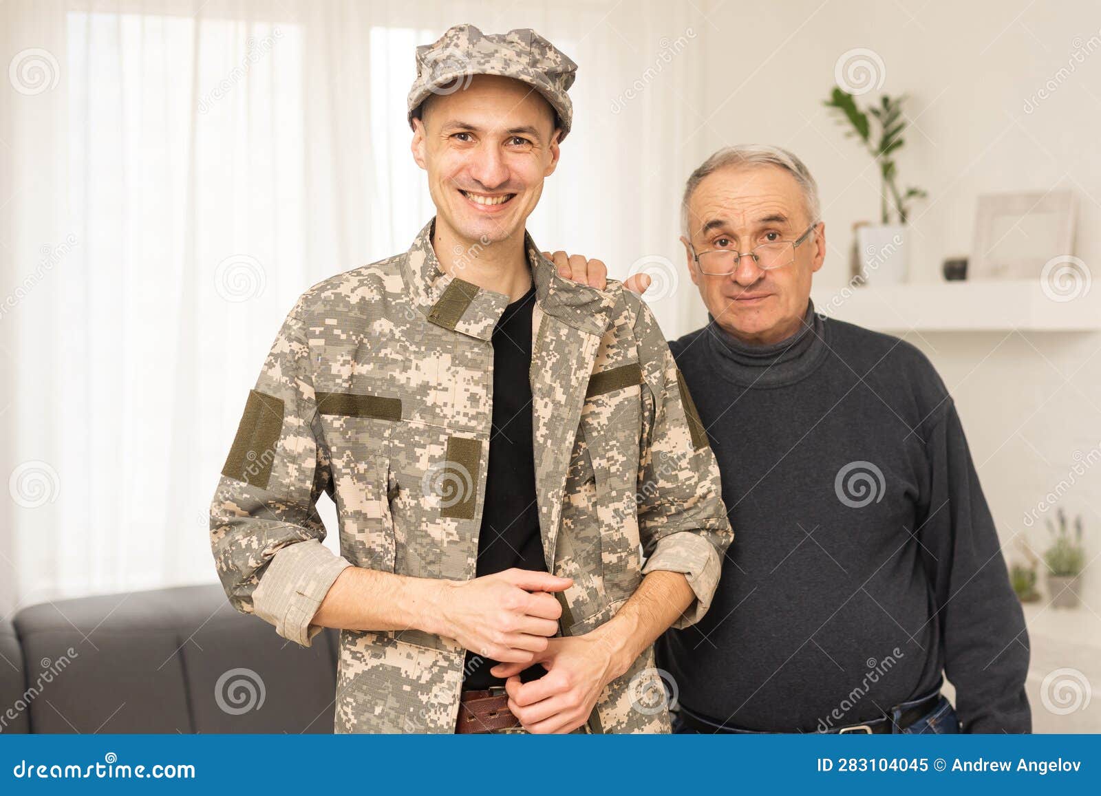 An Elderly Father and a Military Son Stock Image - Image of return ...