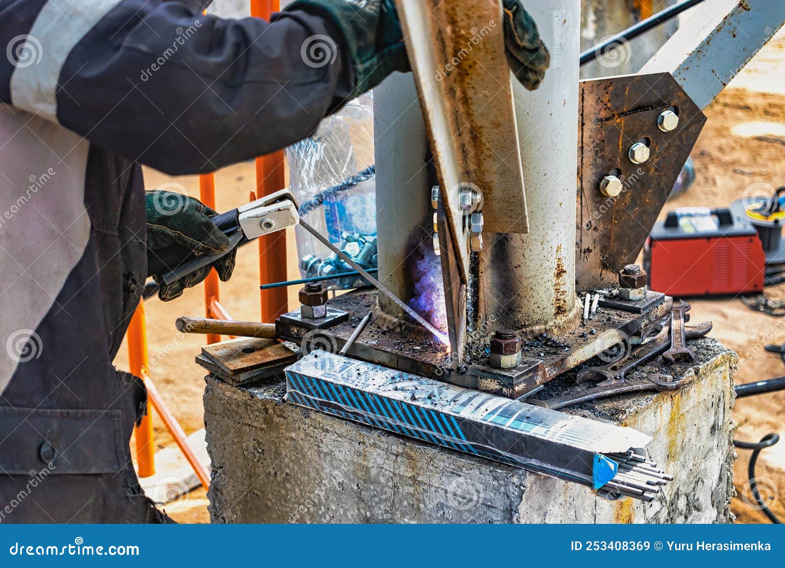 Man Welder Assembles A Metal Staircase Structure In A Residential ...