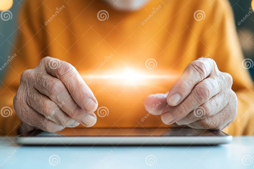 Elderly Hands Interacting with Tablet, Showcasing Technology Use and ...