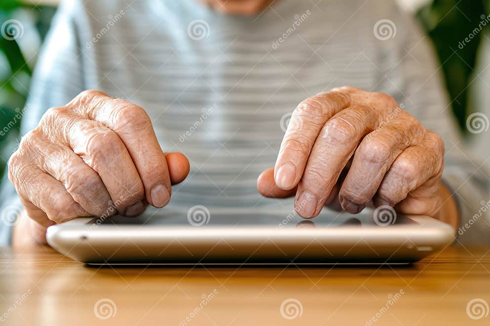 Elderly Hands Interacting with Tablet, Showcasing Technology Use and ...