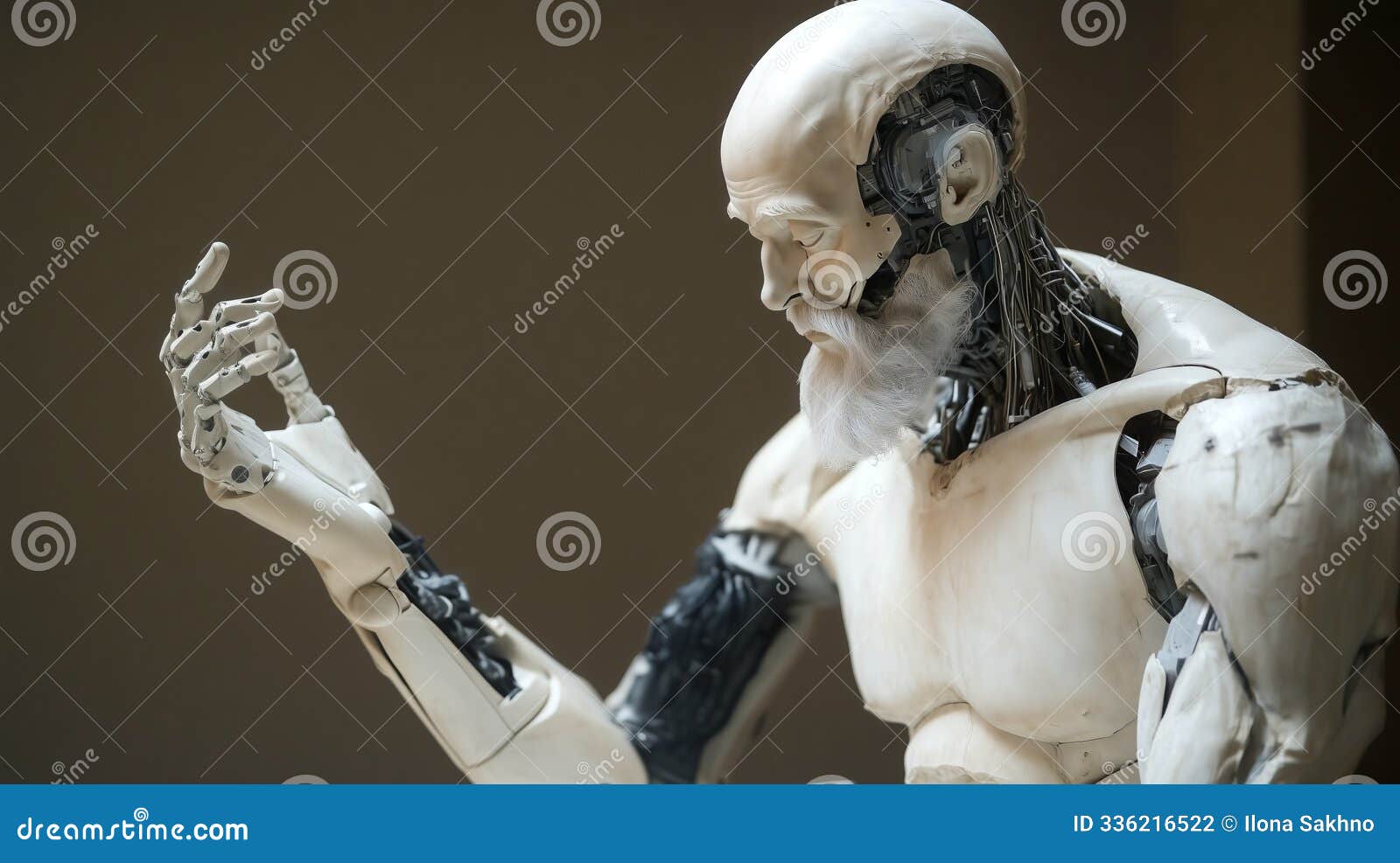 Elderly Humanoid Robot Contemplating Its Hand Stock Illustration ...