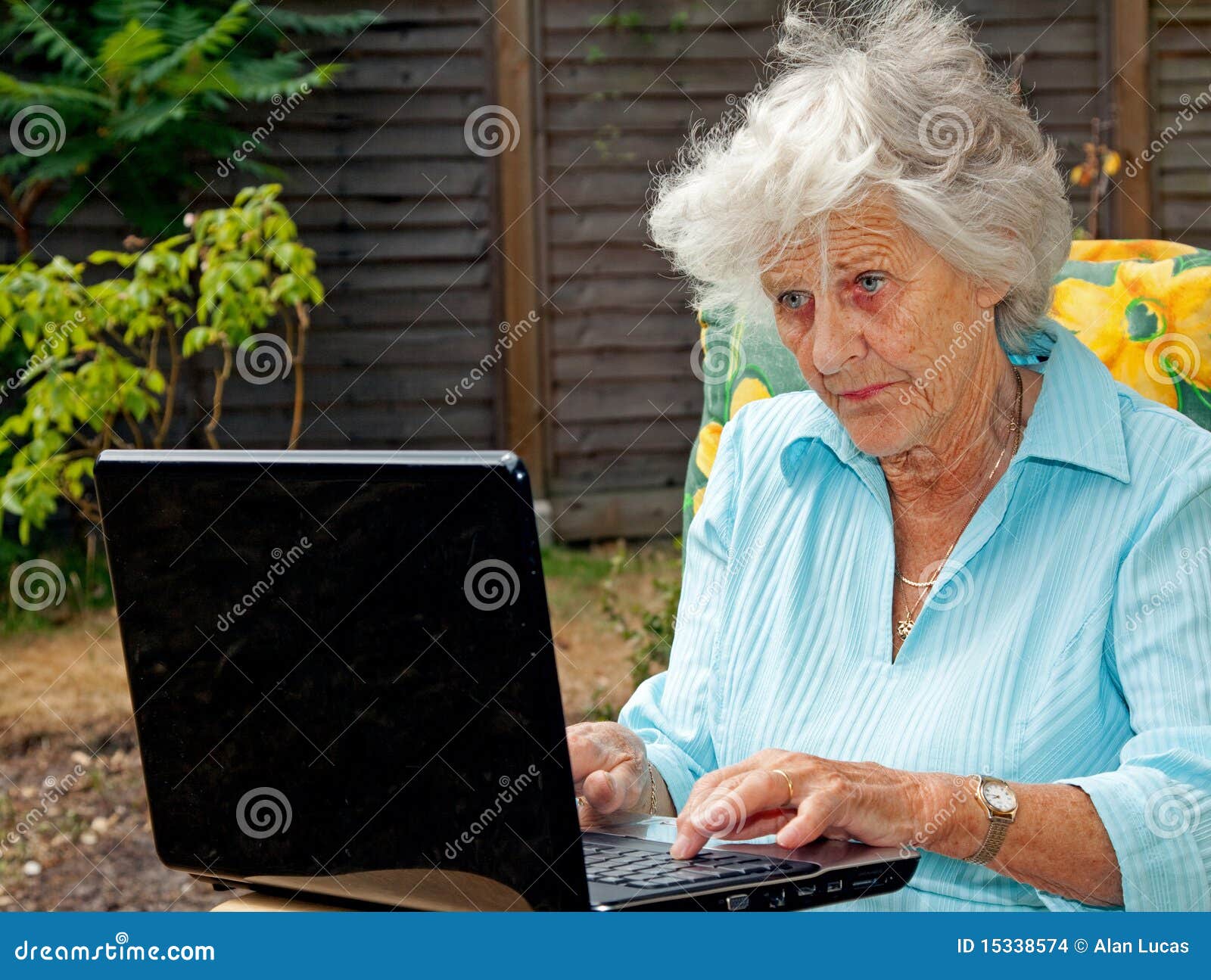 Elderly Lady Using Laptop stock photo. Image of garden - 15338574