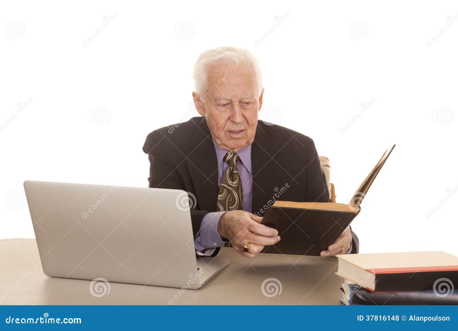 Elderly Man Business Computer Look at Book Stock Photo - Image of ...