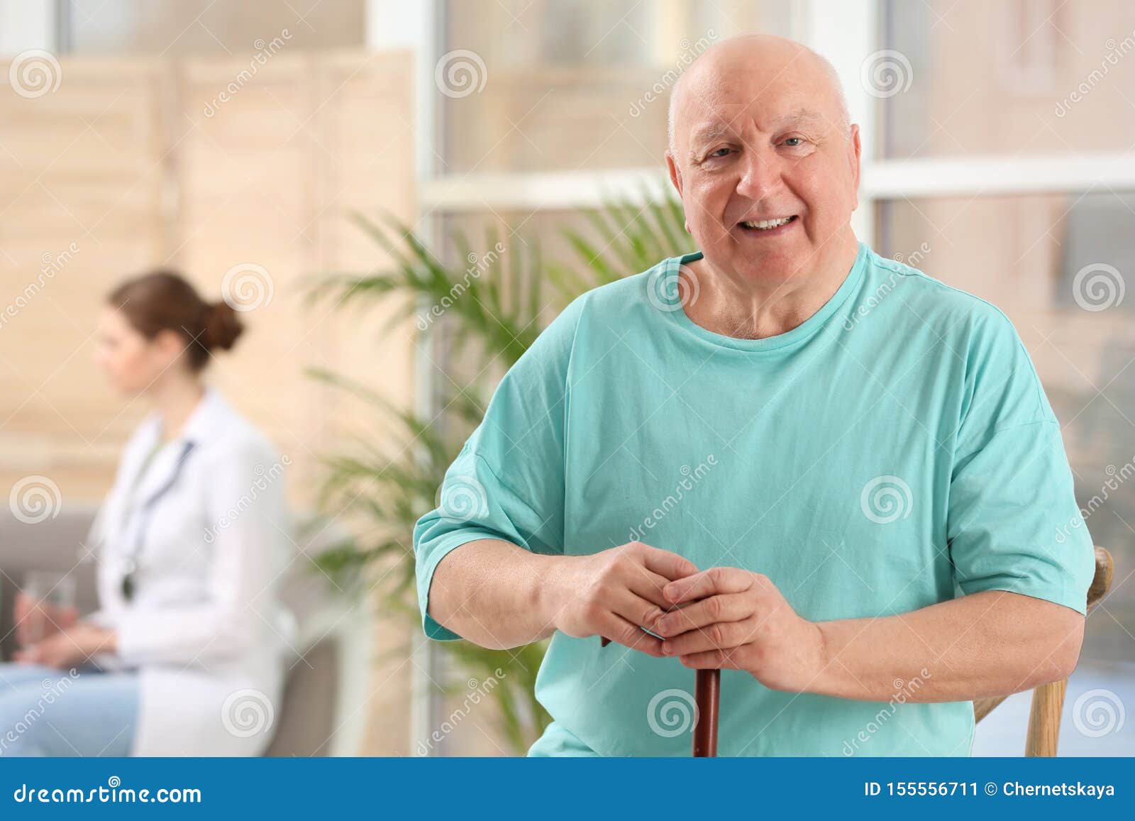 Elderly Man with Cane in Nursing Home. Assisting Senior Generation ...