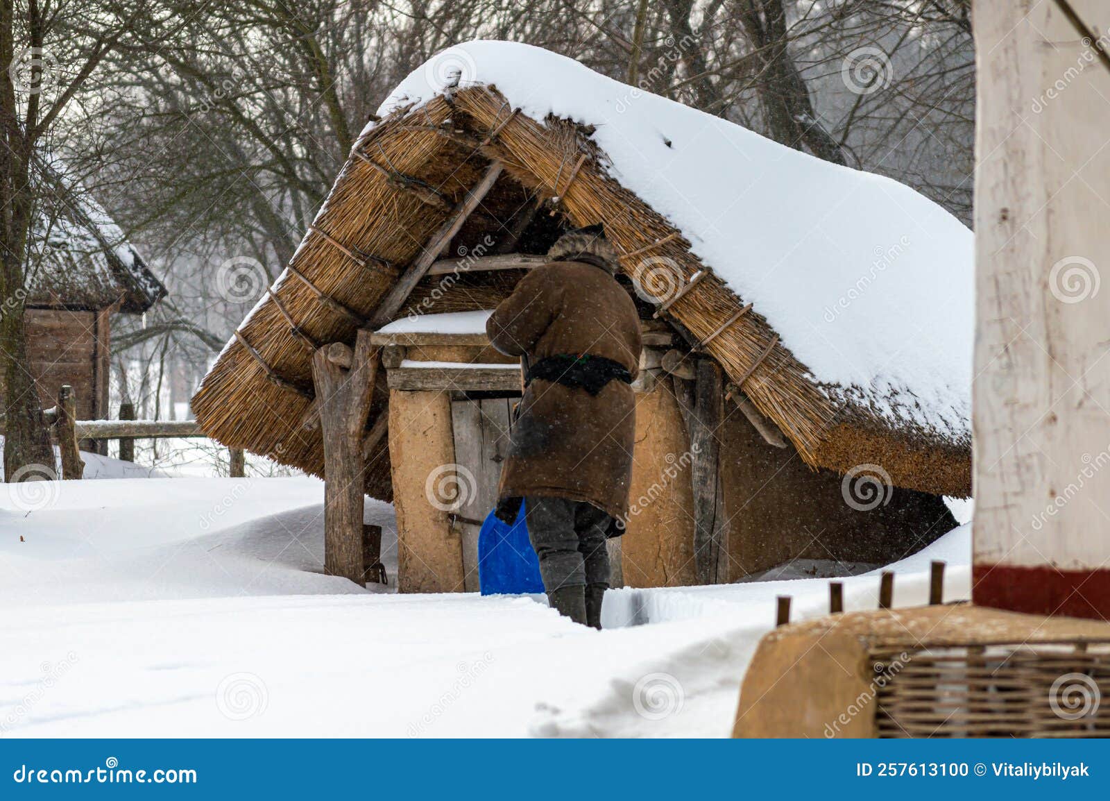 Elderly Man Cleaning Snow on the Path To House Stock Photo - Image of ...