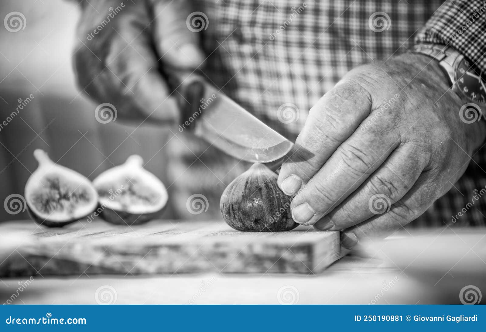 Elderly Man Cutting Figs on the Table Outdoor Stock Image - Image of ...