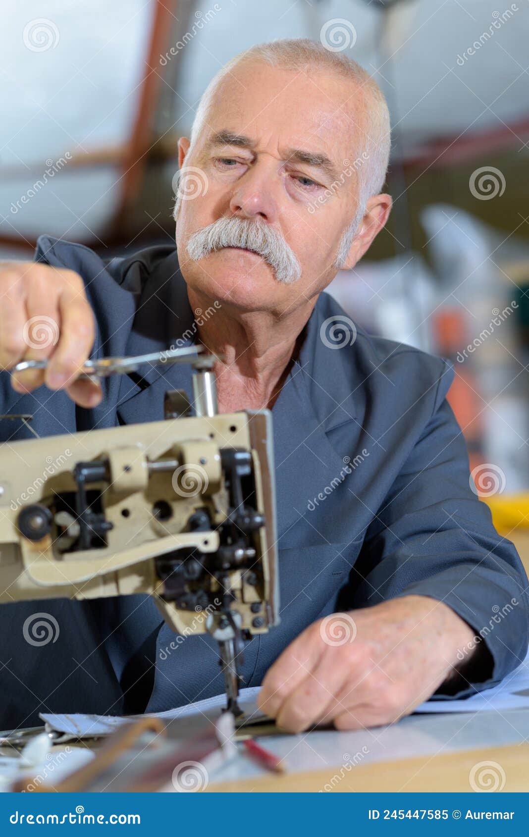 Elderly Man Cutting Thread Sewing Machine Stock Image - Image of retro ...