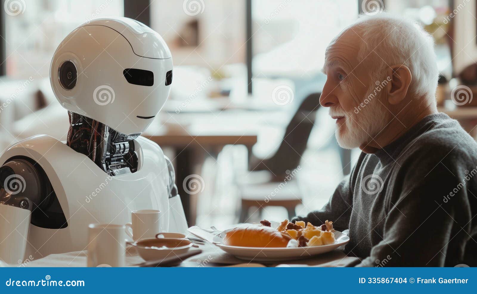 Elderly Man is Dining with a Humanoid Robot at a Restaurant Table Stock ...