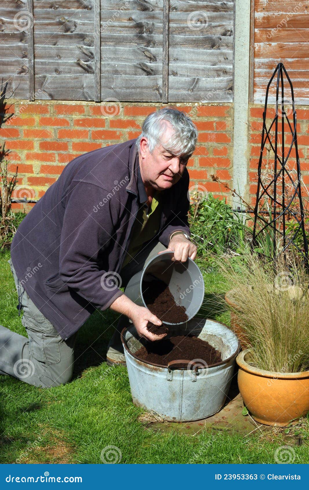 Elderly Man Filling Container with Compost Stock Image - Image of ...