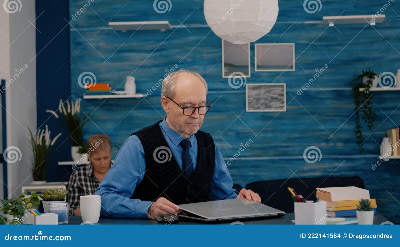 Elderly Man Freelancer Opening Laptop Squinting while Reading Emails ...