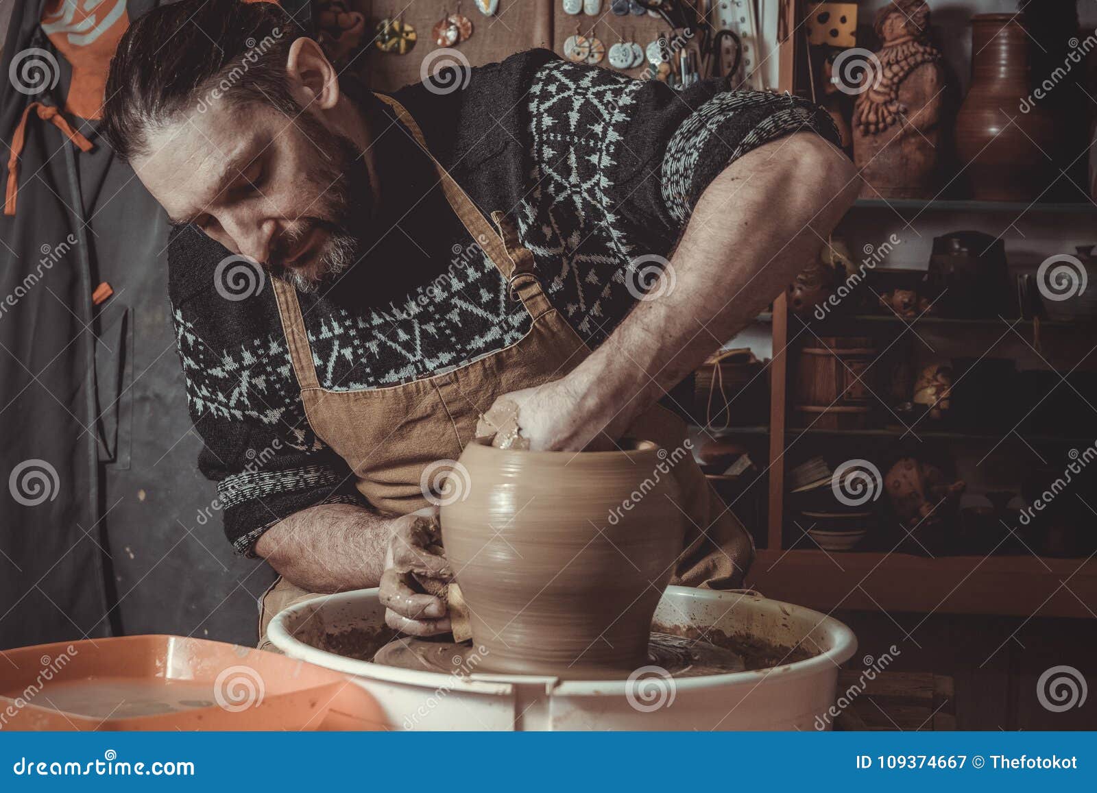 Elderly Man Making Pot Using Pottery Wheel in Studio Stock Image ...