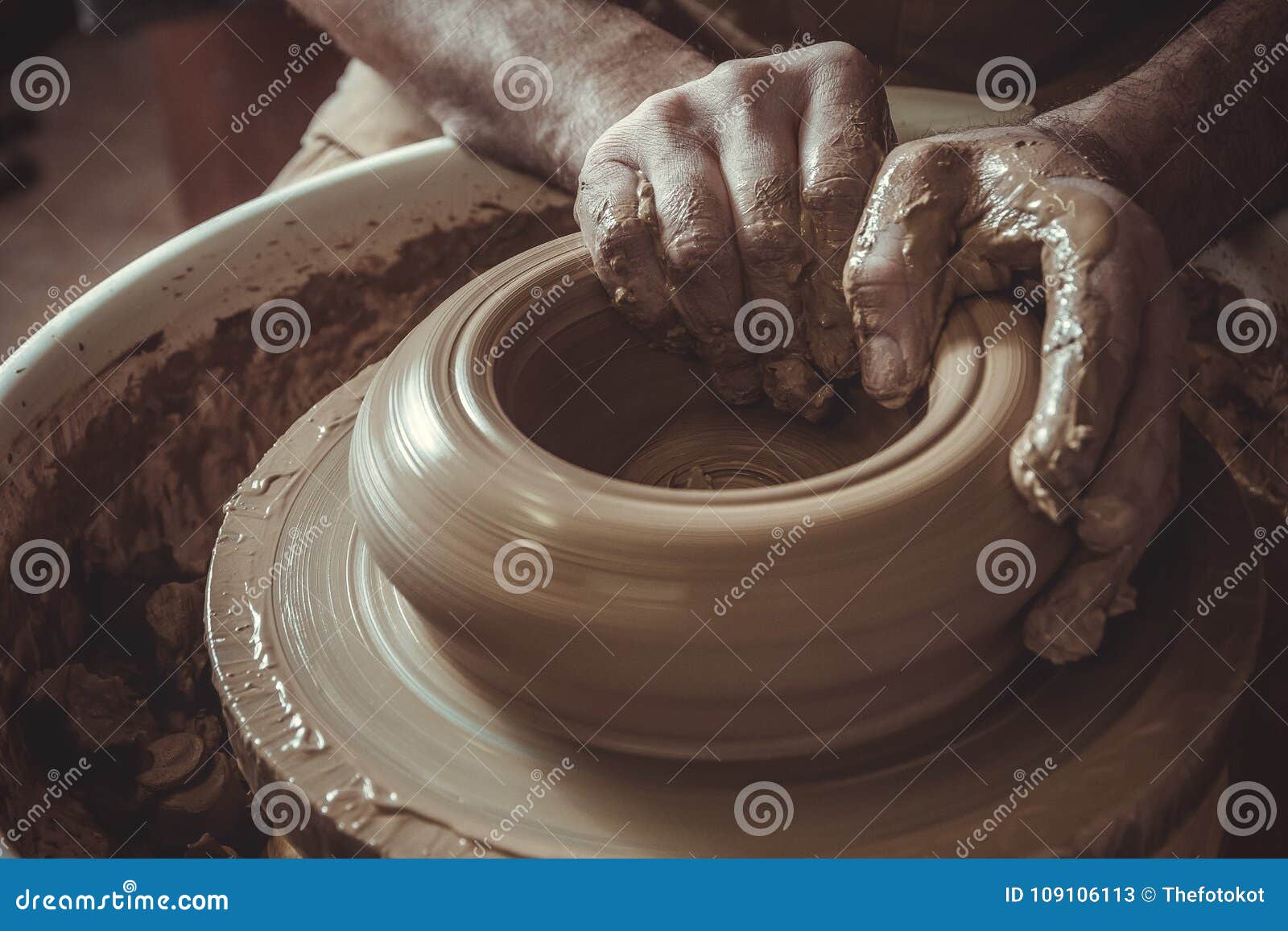 Elderly Man Making Pot Using Pottery Wheel in Studio. Close-up. Stock ...