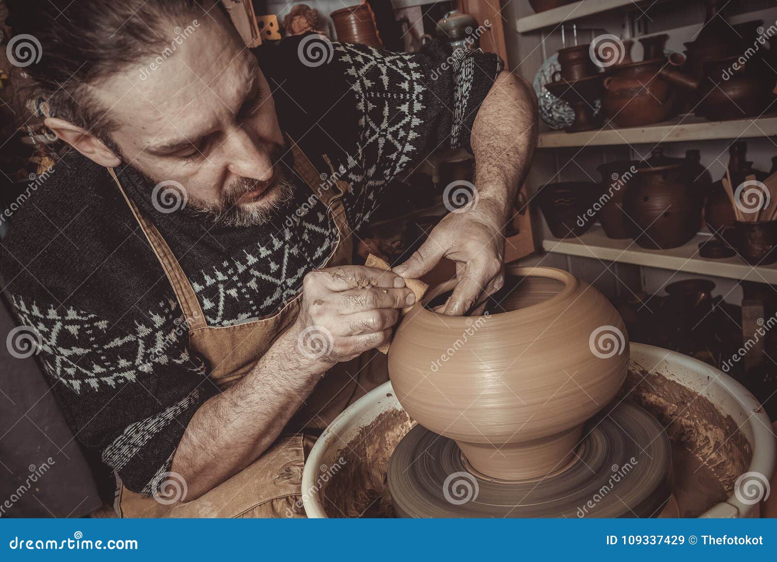 Elderly Man Making Pot Using Pottery Wheel in Studio Stock Image ...