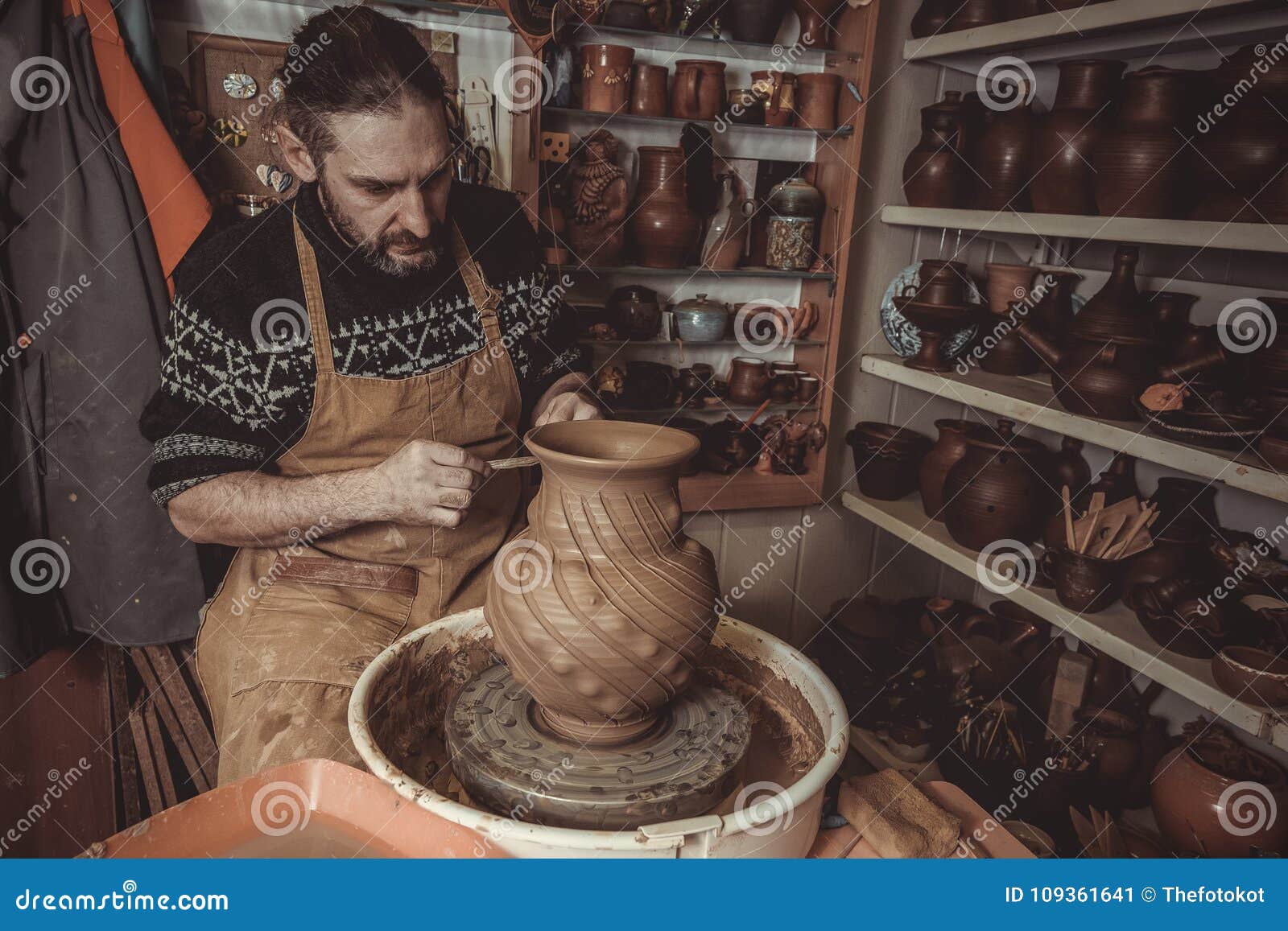 Elderly Man Making Pot Using Pottery Wheel in Studio Stock Image ...
