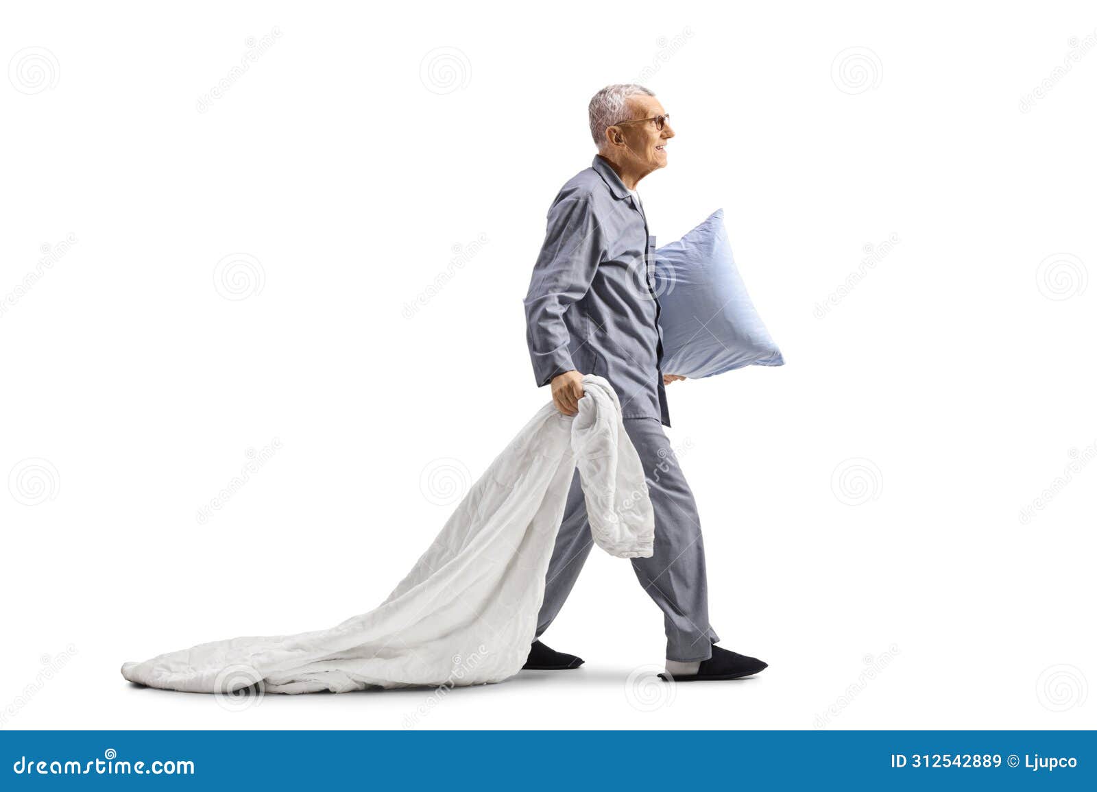 Elderly Man in Pajamas Pulling a Blanket, Carrying a Pillow and Walking ...