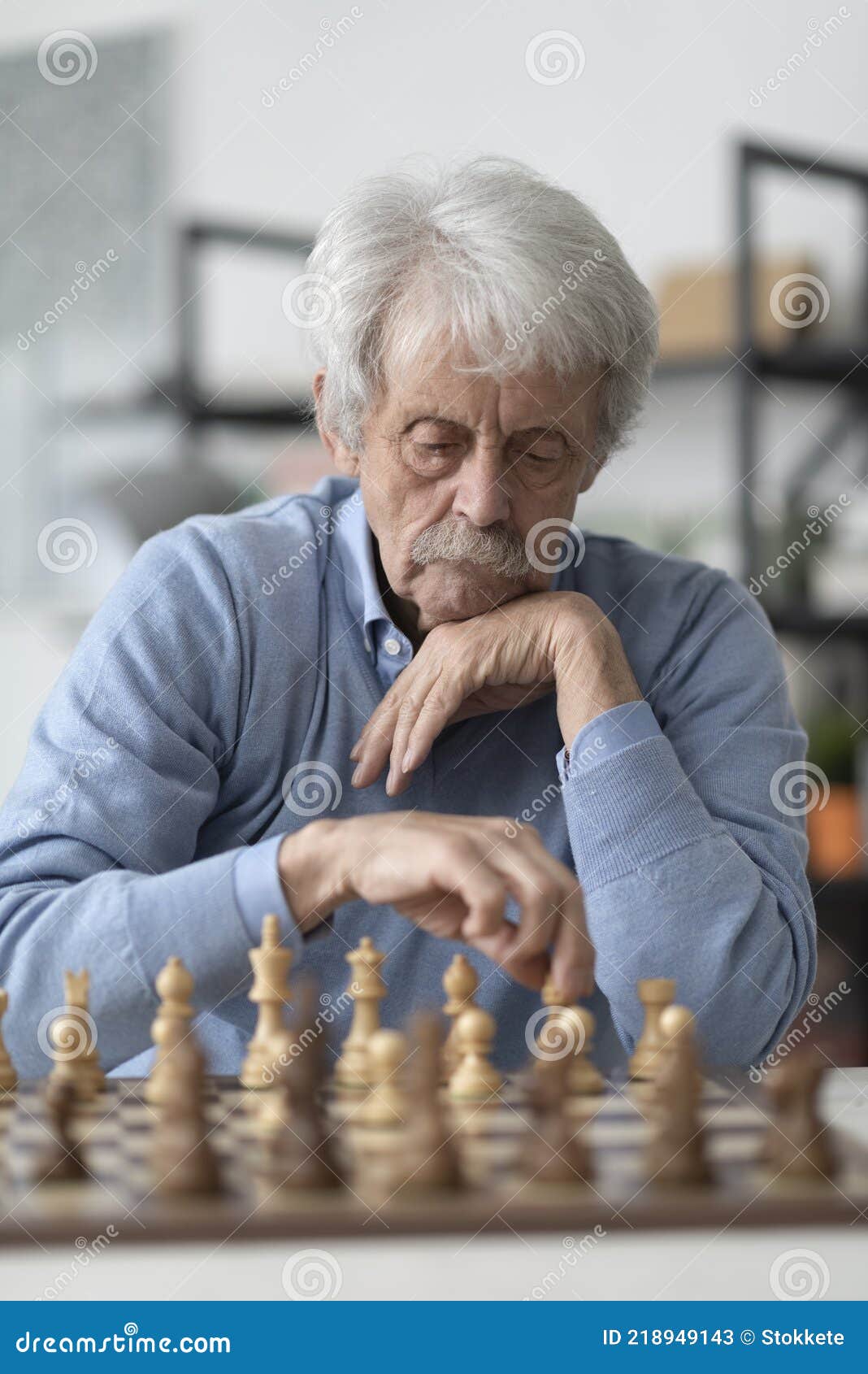 Elderly Man Playing Chess at Home Stock Image - Image of games ...