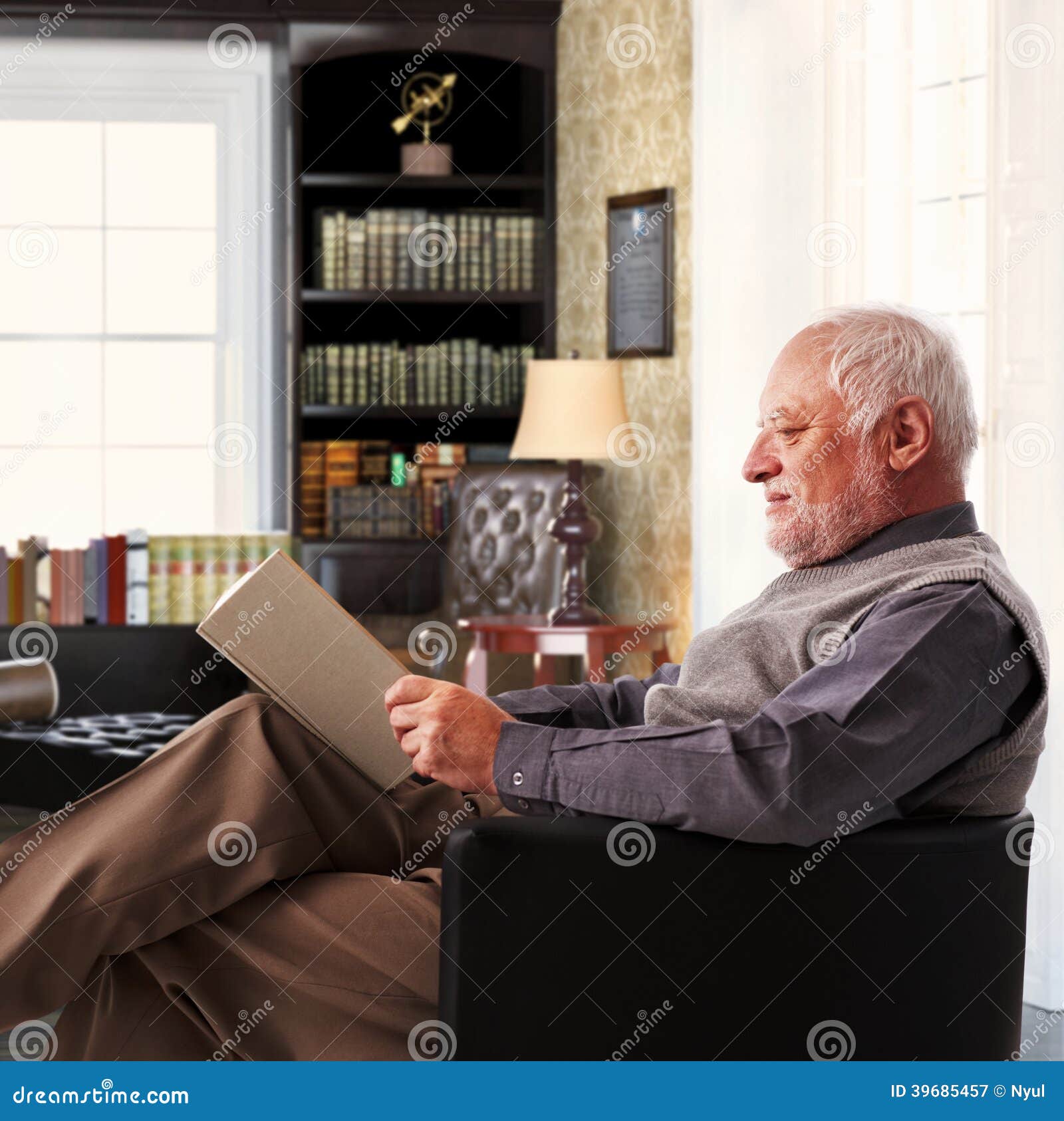 Elderly Man Reading Book at Study at Home Stock Image - Image of person ...