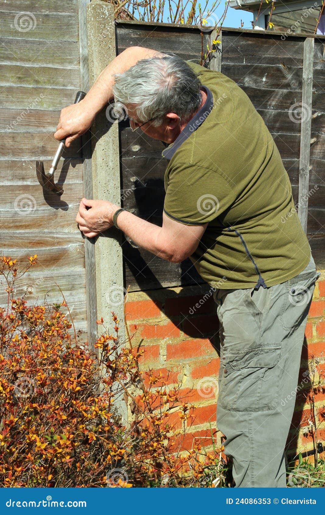 Elderly Man Repairing a Fence. Stock Image - Image of wooden, elderly ...