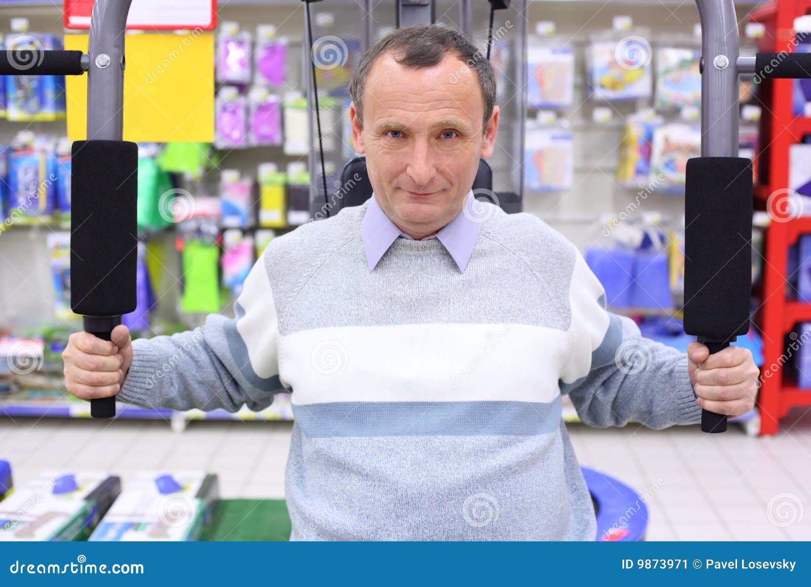 Elderly Man in Shop on Sports Exerciser Stock Image - Image of customer ...