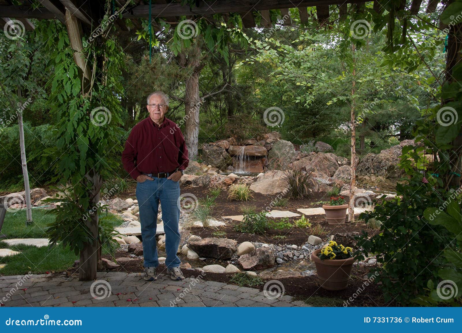 Elderly Man Standing in His Garden Stock Photo - Image of person, chair ...