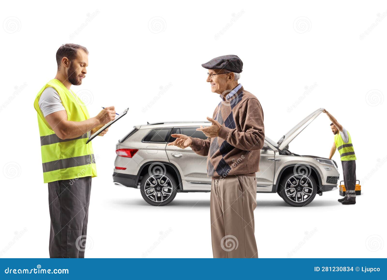 Elderly Man Talking about a Car Problem with a Road Assistance Worker ...