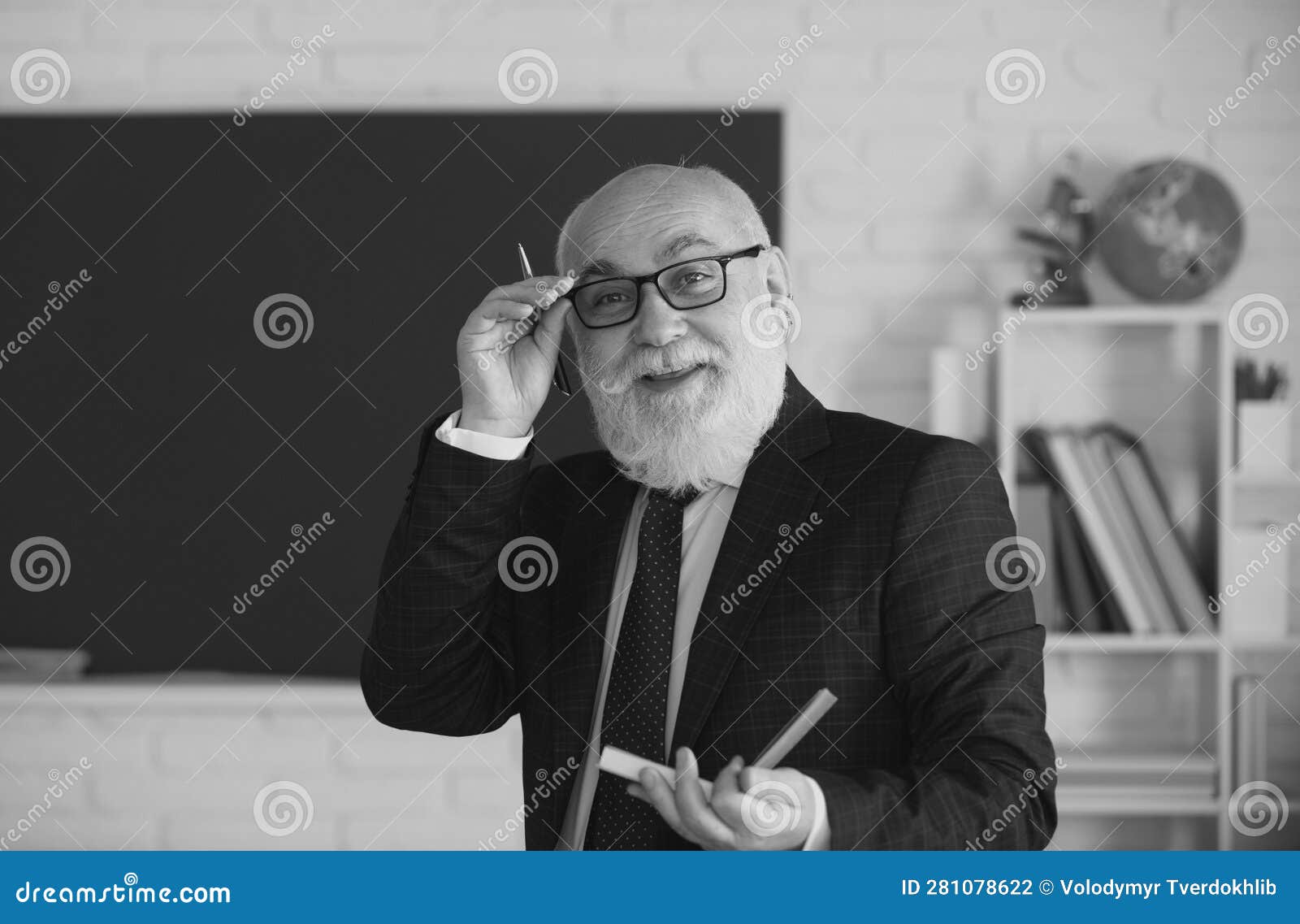 Elderly Man Teacher on a Blank Chalkboard during Lesson, Teaching Class ...