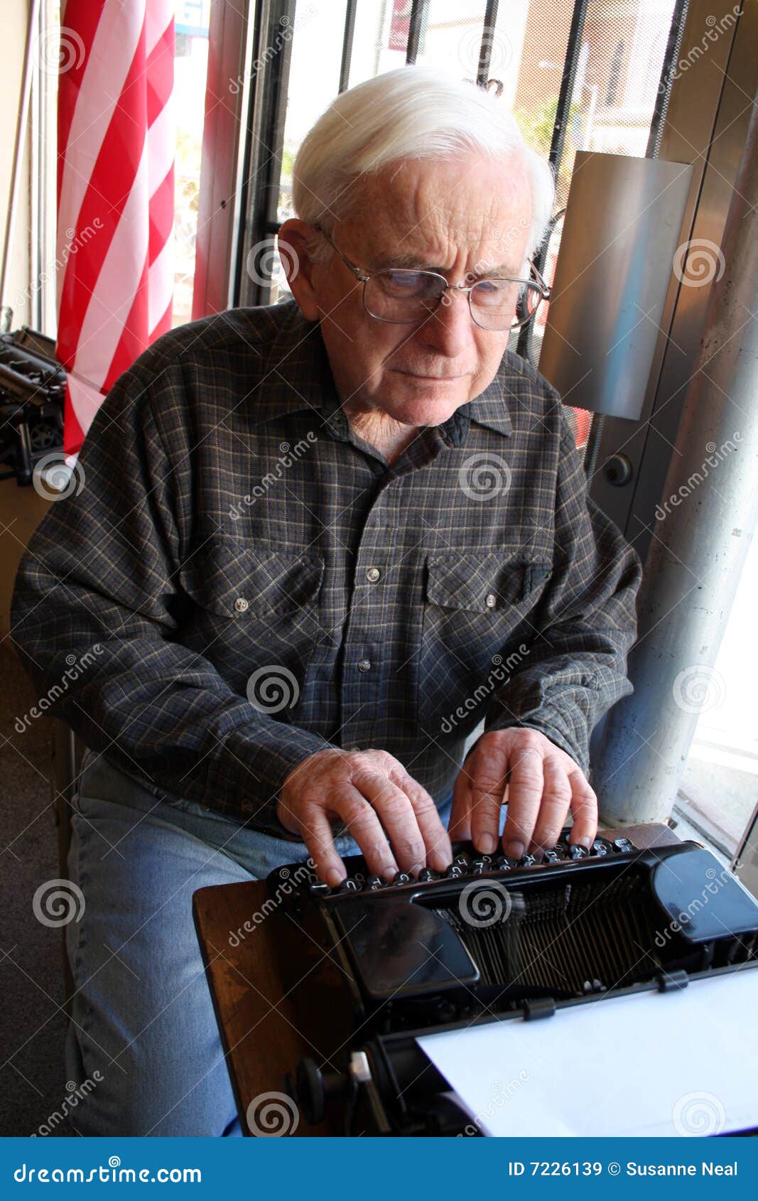 Elderly Man Uses Typewriter Stock Image - Image of american, jeans: 7226139