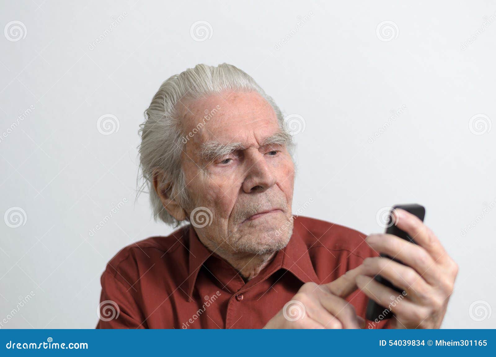 Elderly Man Writes Texting Using His Cellphone Stock Photo - Image of ...