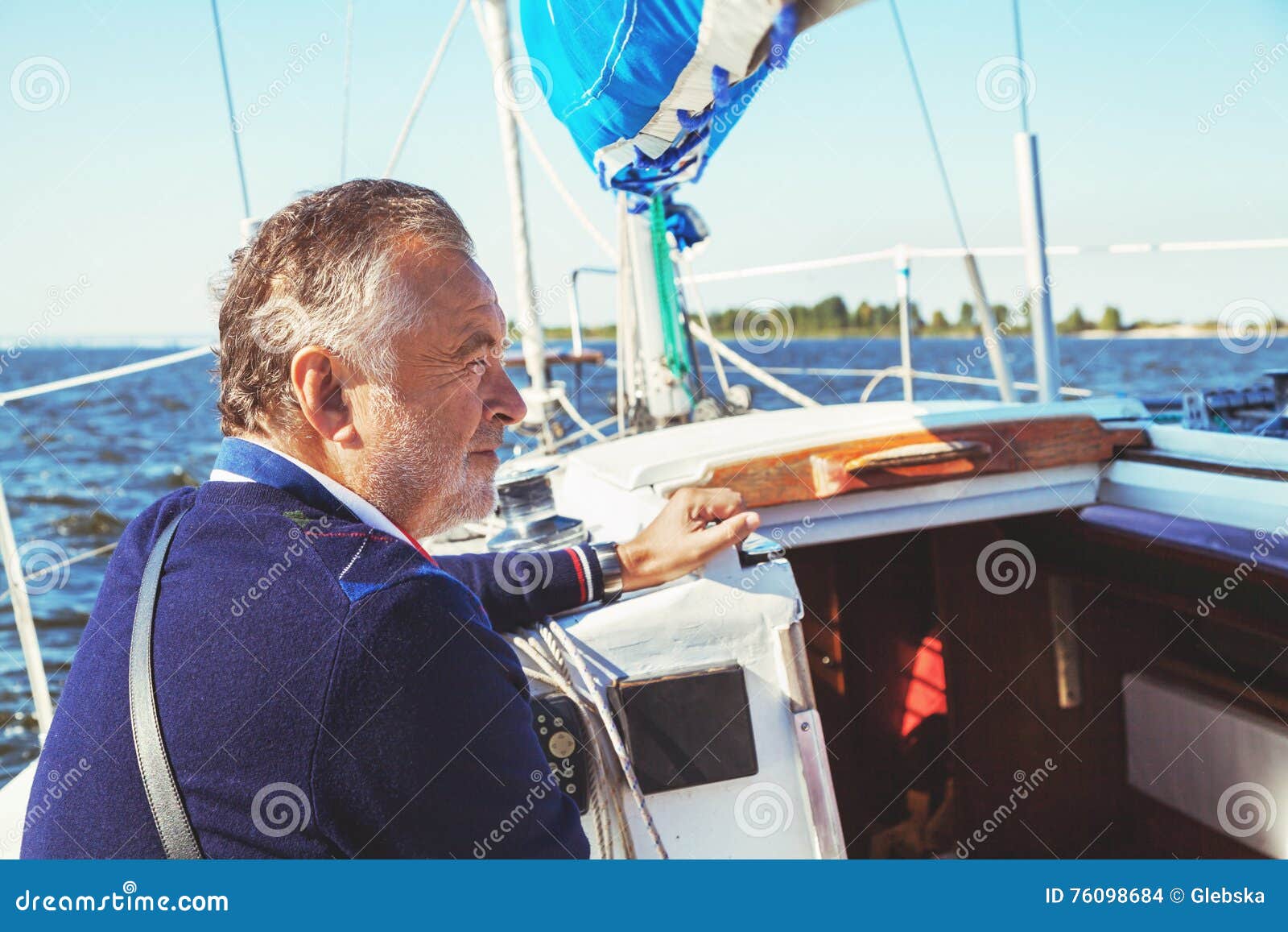 Elderly Man on Yacht at Sea Stock Photo - Image of horizon, beach: 76098684