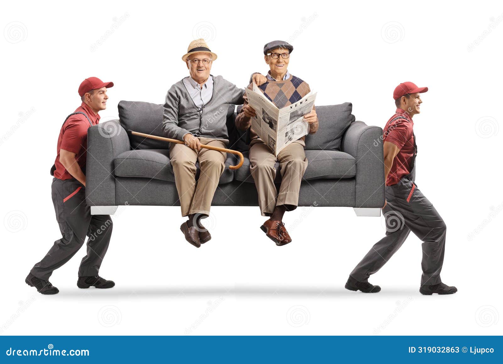 Elderly Men Sitting on a Sofa Carried by Movers Stock Image - Image of ...