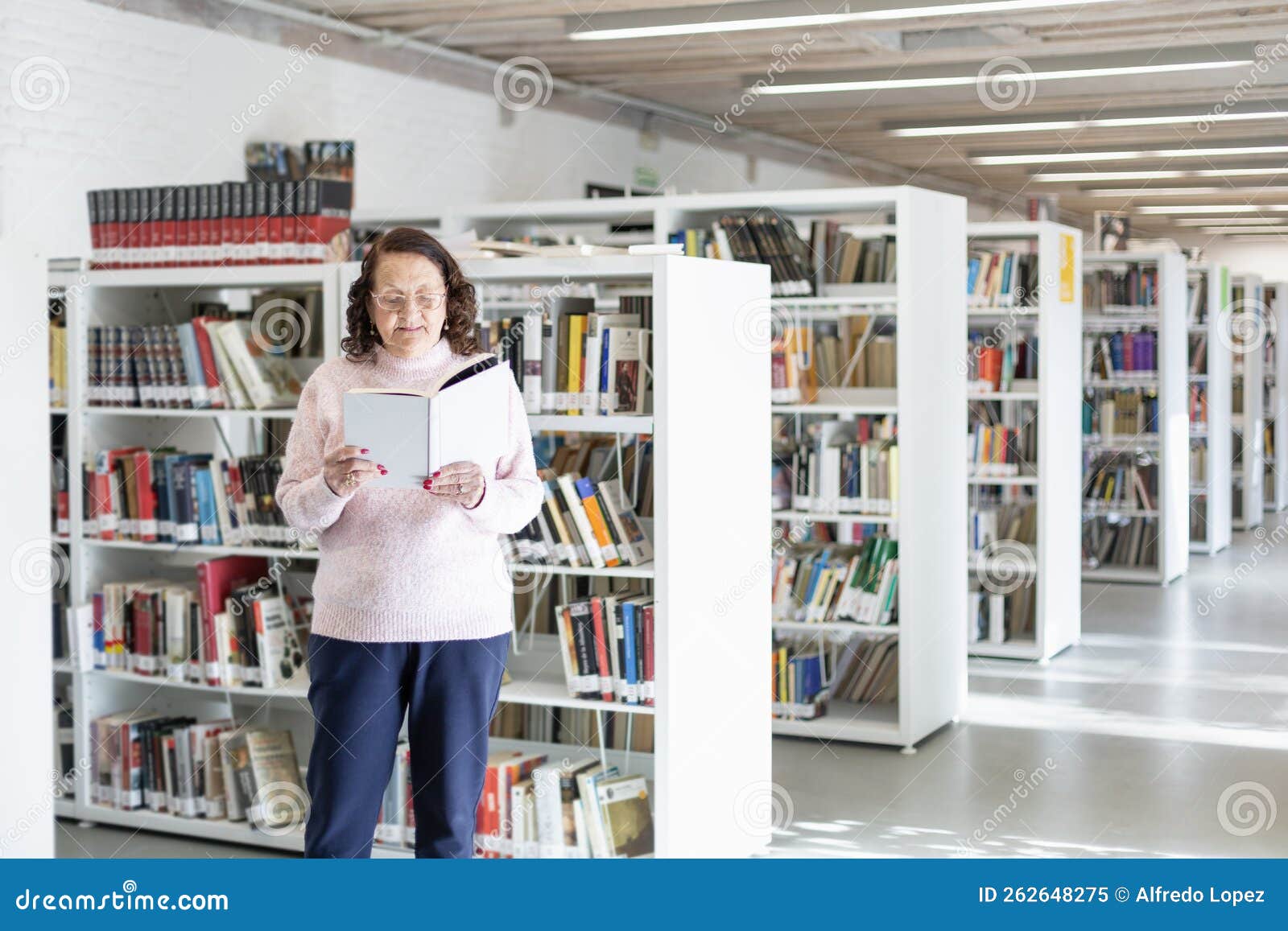 Elderly Person Reading a Book in a Public Library Stock Image - Image ...