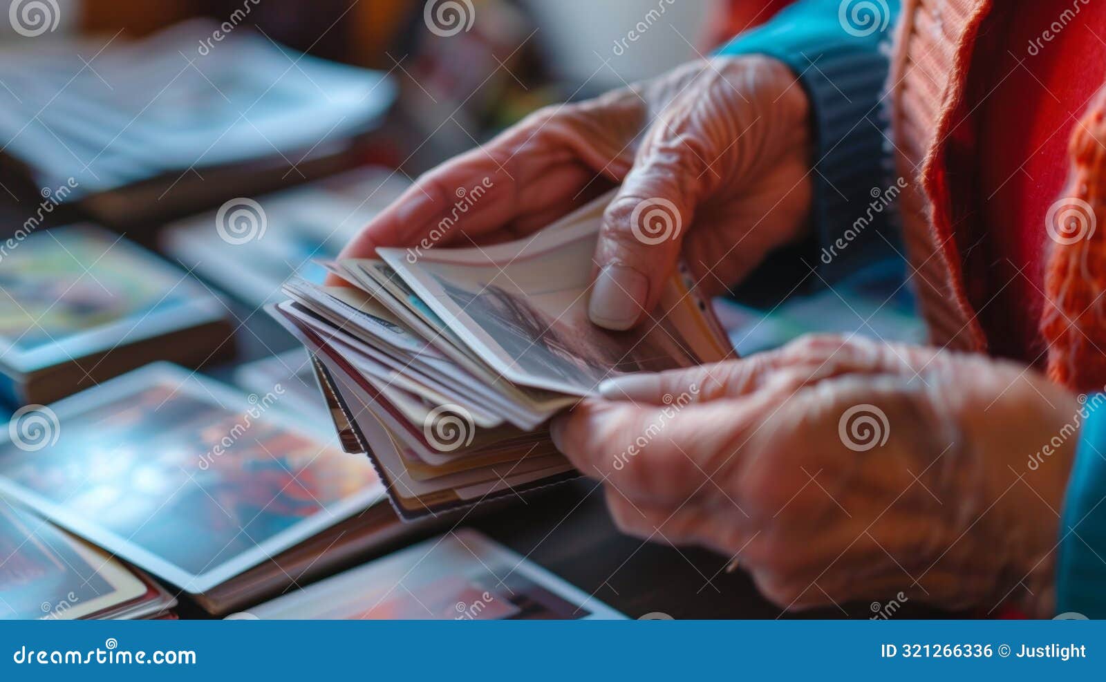 An Elderly Person Sorting through a Stack of Cards with Images and ...