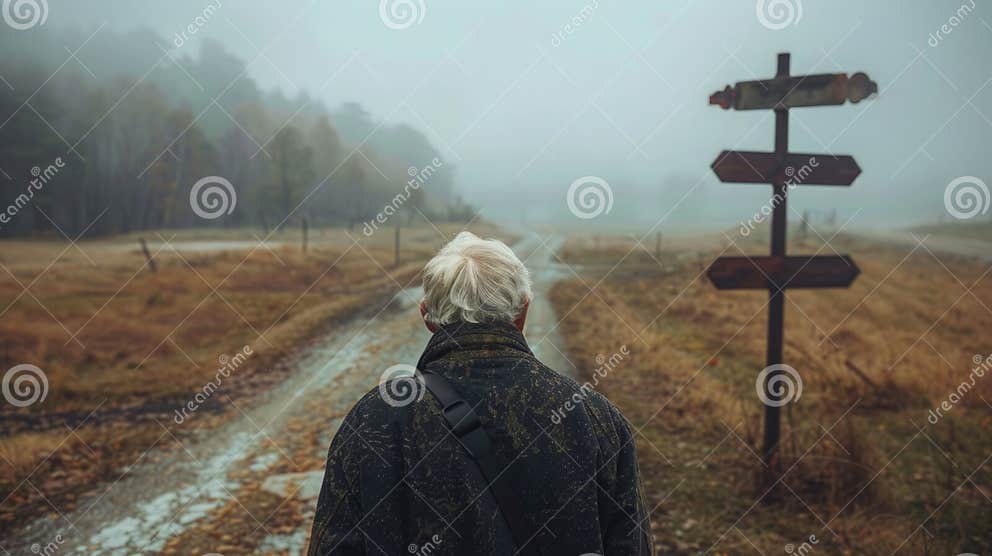 Elderly Person Staring at a Road Sign with Multiple Directions ... Elderly Person Staring at a Road Sign with Multiple Directions ...