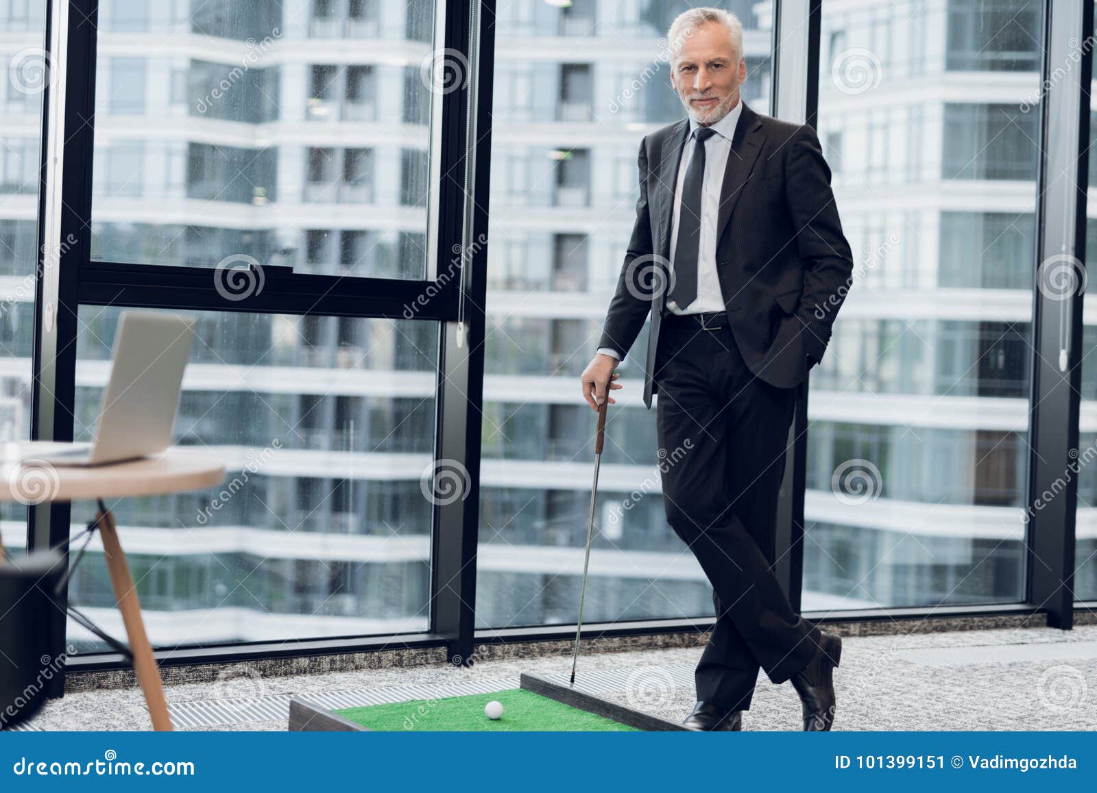A Respectable Old Man In A Strict Business Suit Sits On Steps Of Office ...