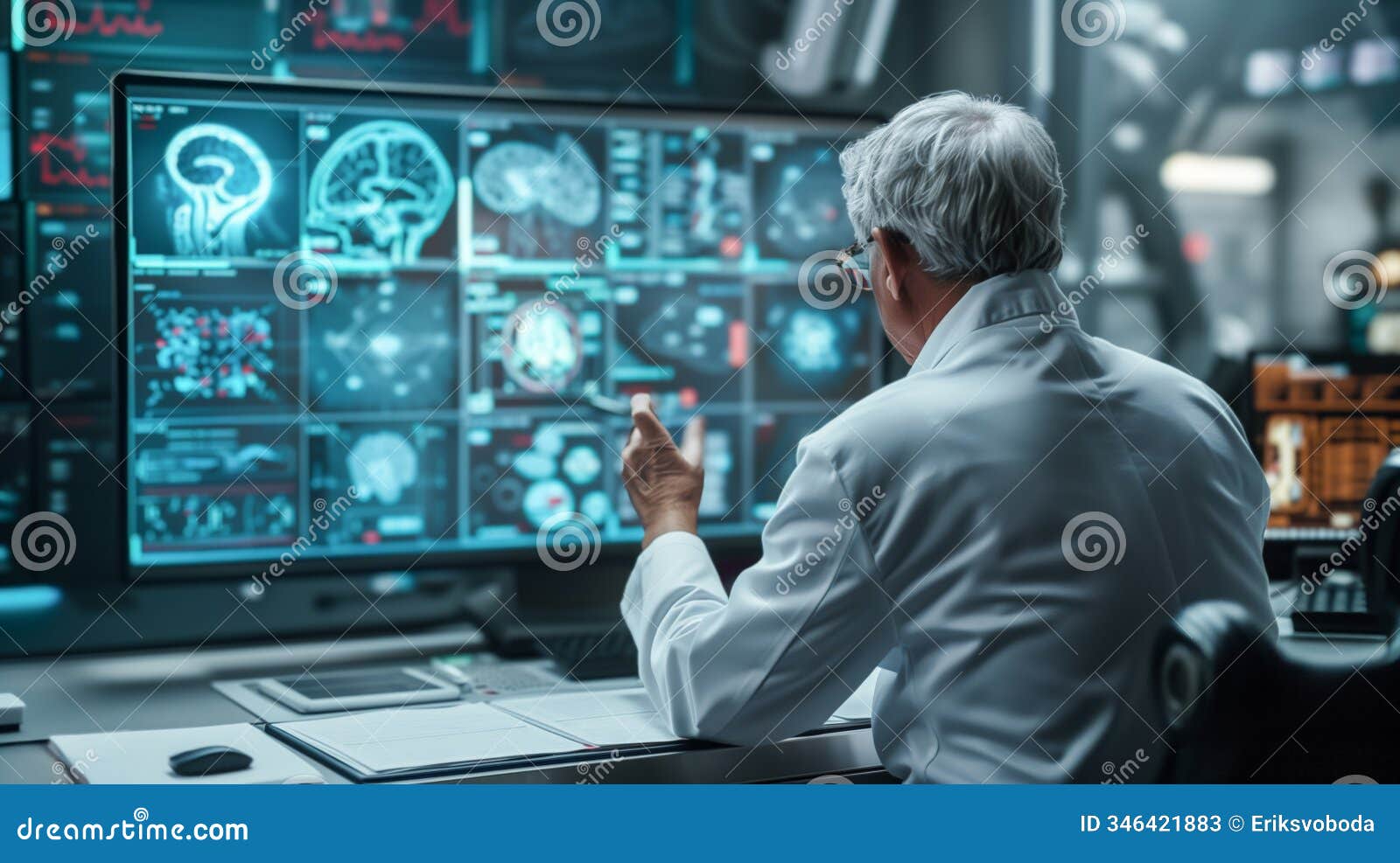 Scientist Engaged in Analyzing Brain Data on Multiple Screens in ...