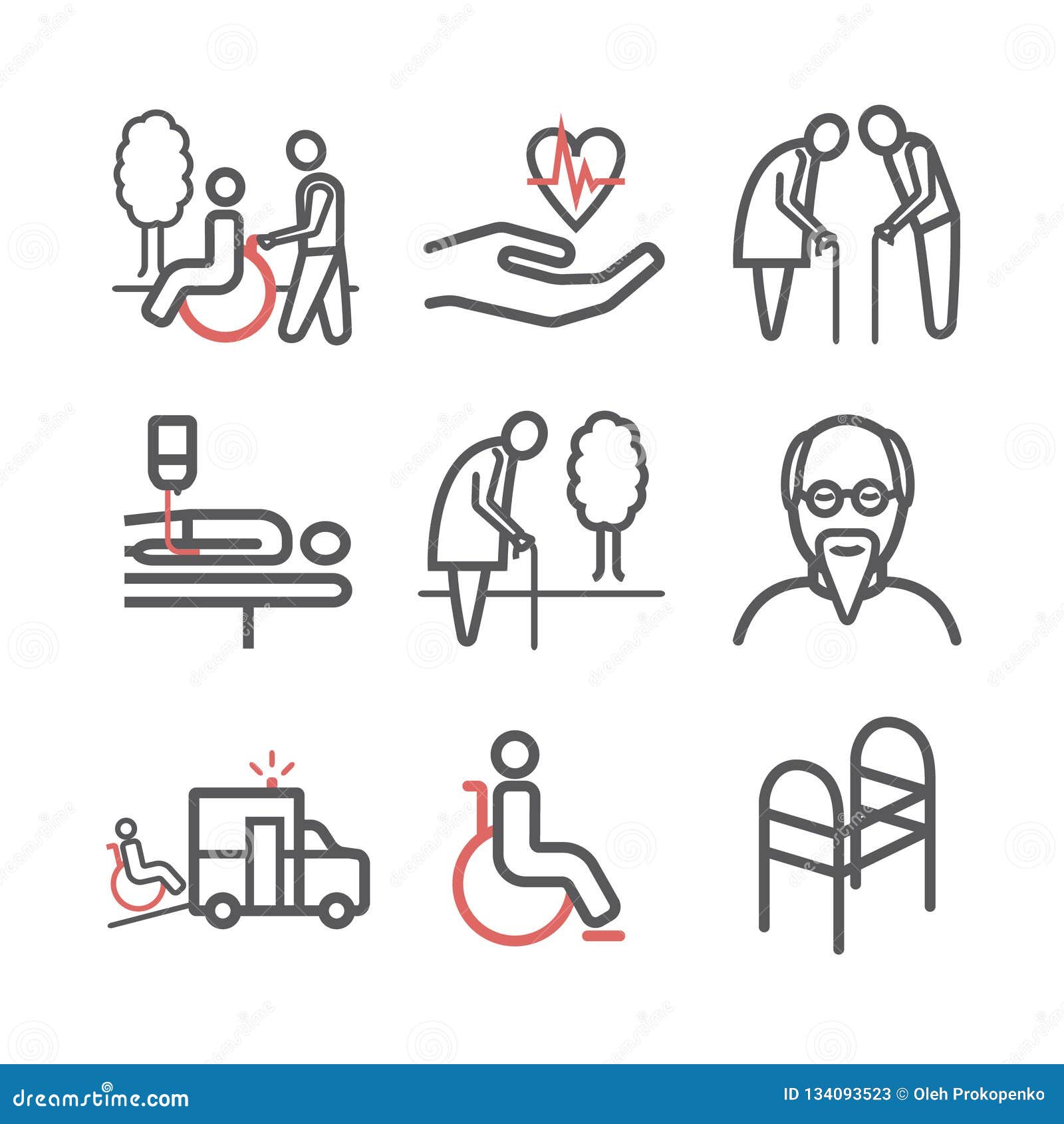 Elderly Services Line Icons Set. Care Help and Accessibility. Disabled ...