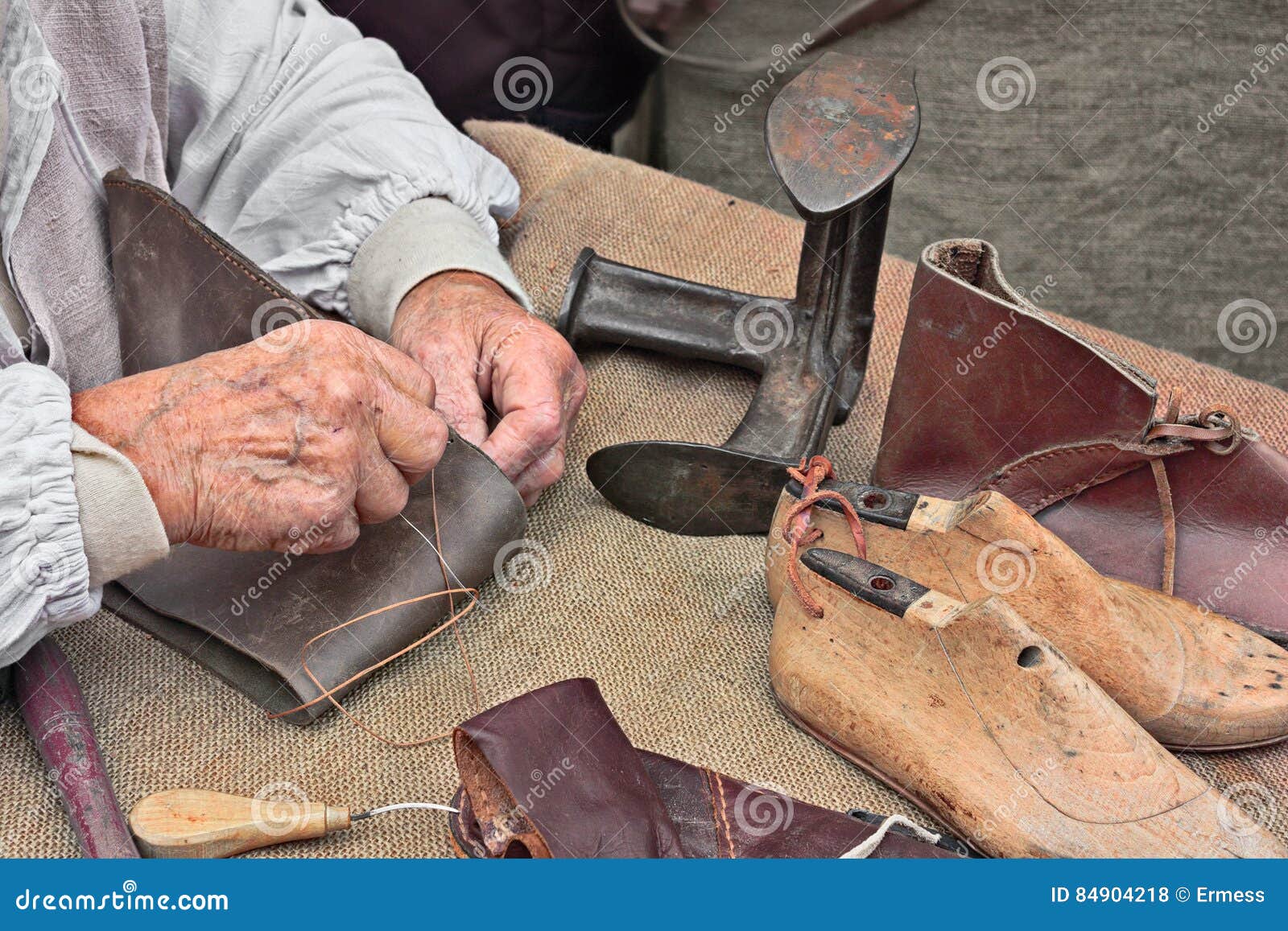 Elderly Shoemaker Makes Artisan Shoes Stock Photo - Image of sewing ...