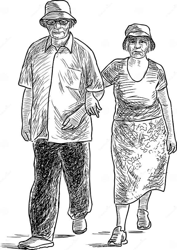 The Elderly Spouses Go On A Stroll Stock Vector Illustration Of
