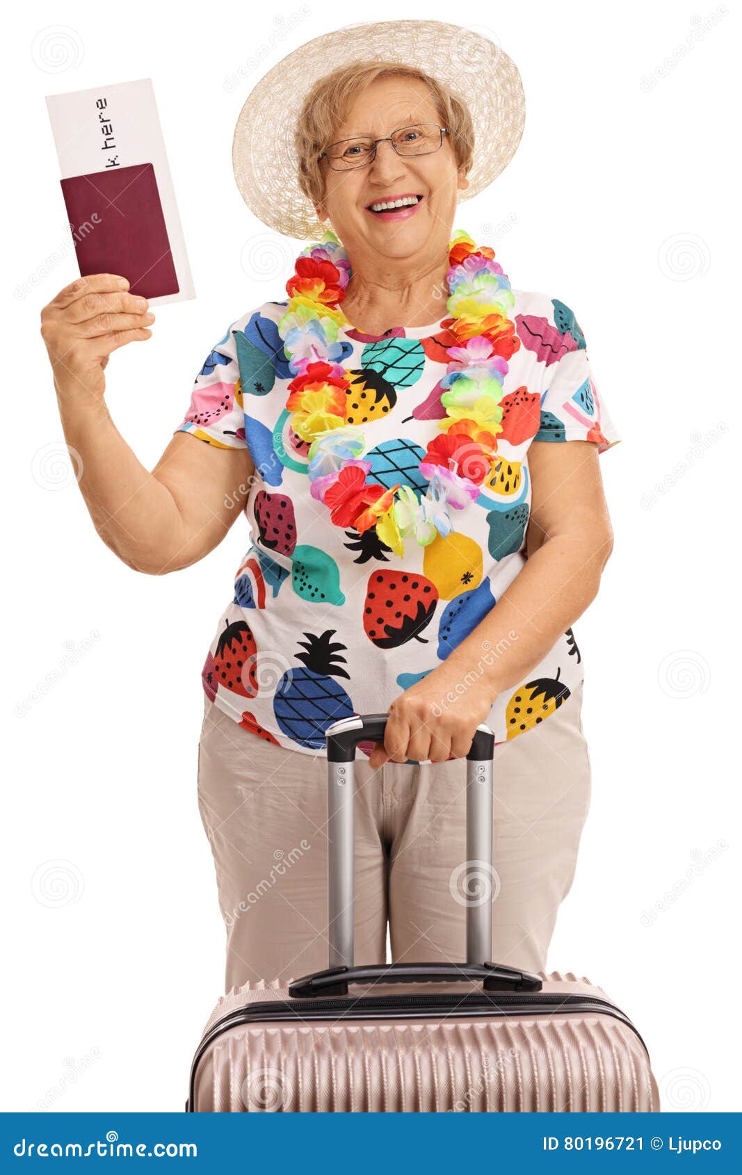 Elderly Tourist Holding A Passport And A Suitcase Stock Image Image