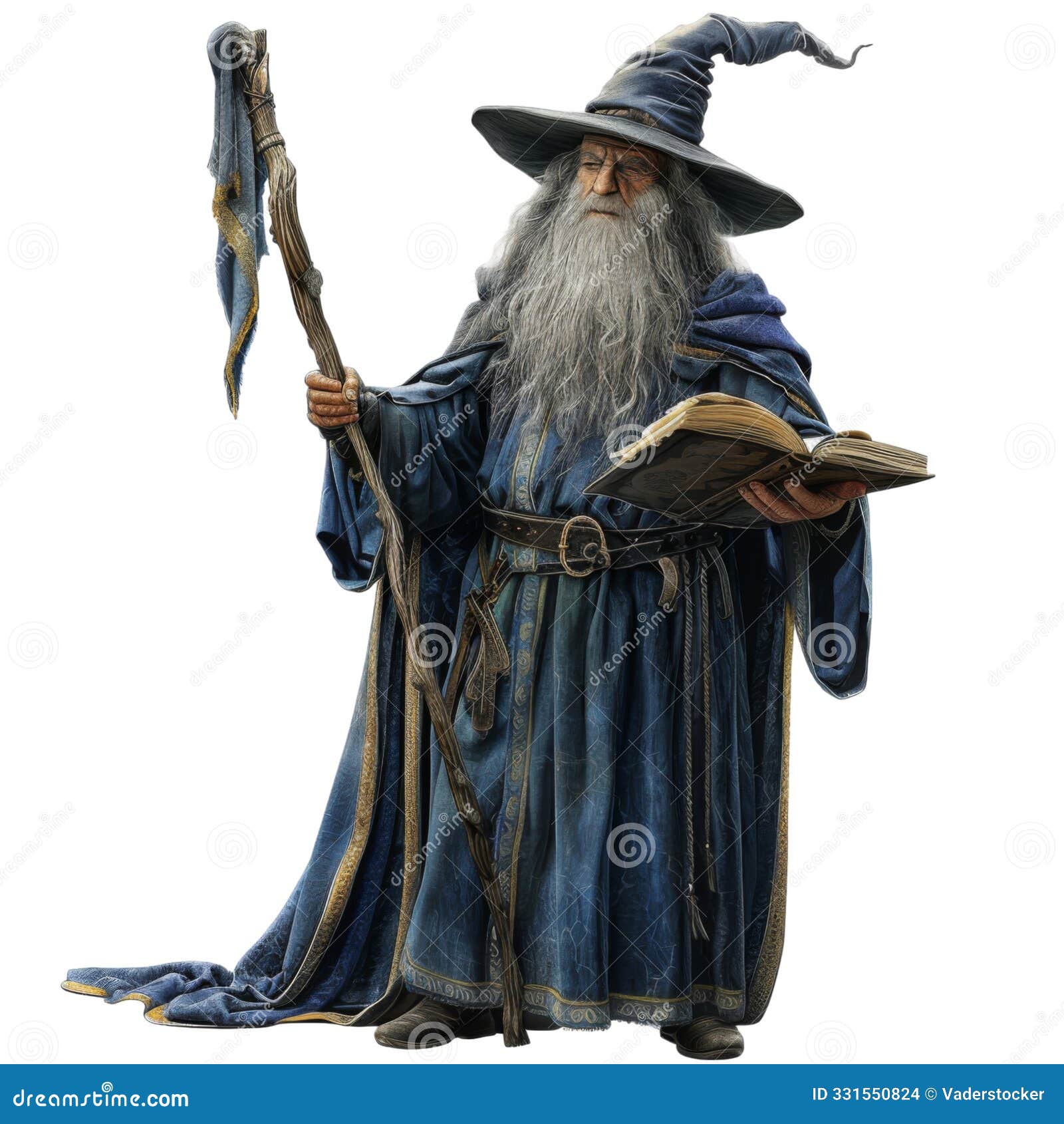 Elderly Wizard in Blue Robes Holding a Book and Staff Stock ...