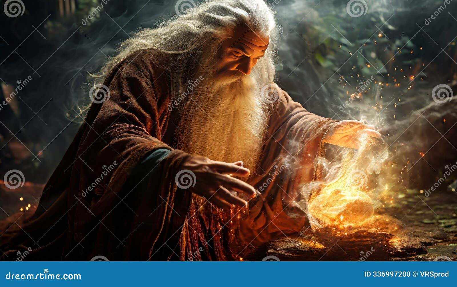 Elderly Wizard Conjuring a Glowing Magical Fire in a Forest Setting ...