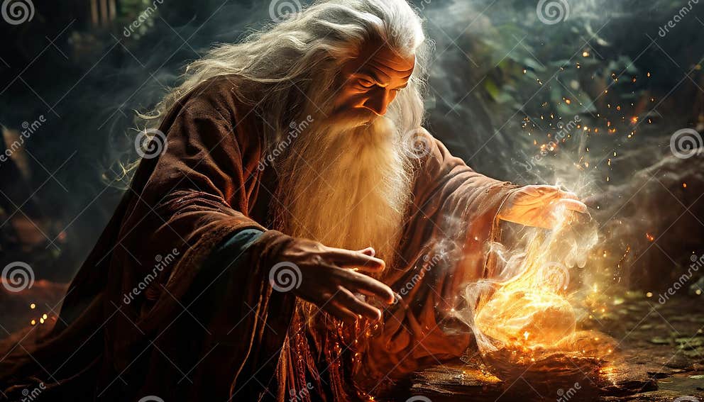 Elderly Wizard Conjuring a Glowing Magical Fire in a Forest Setting ...