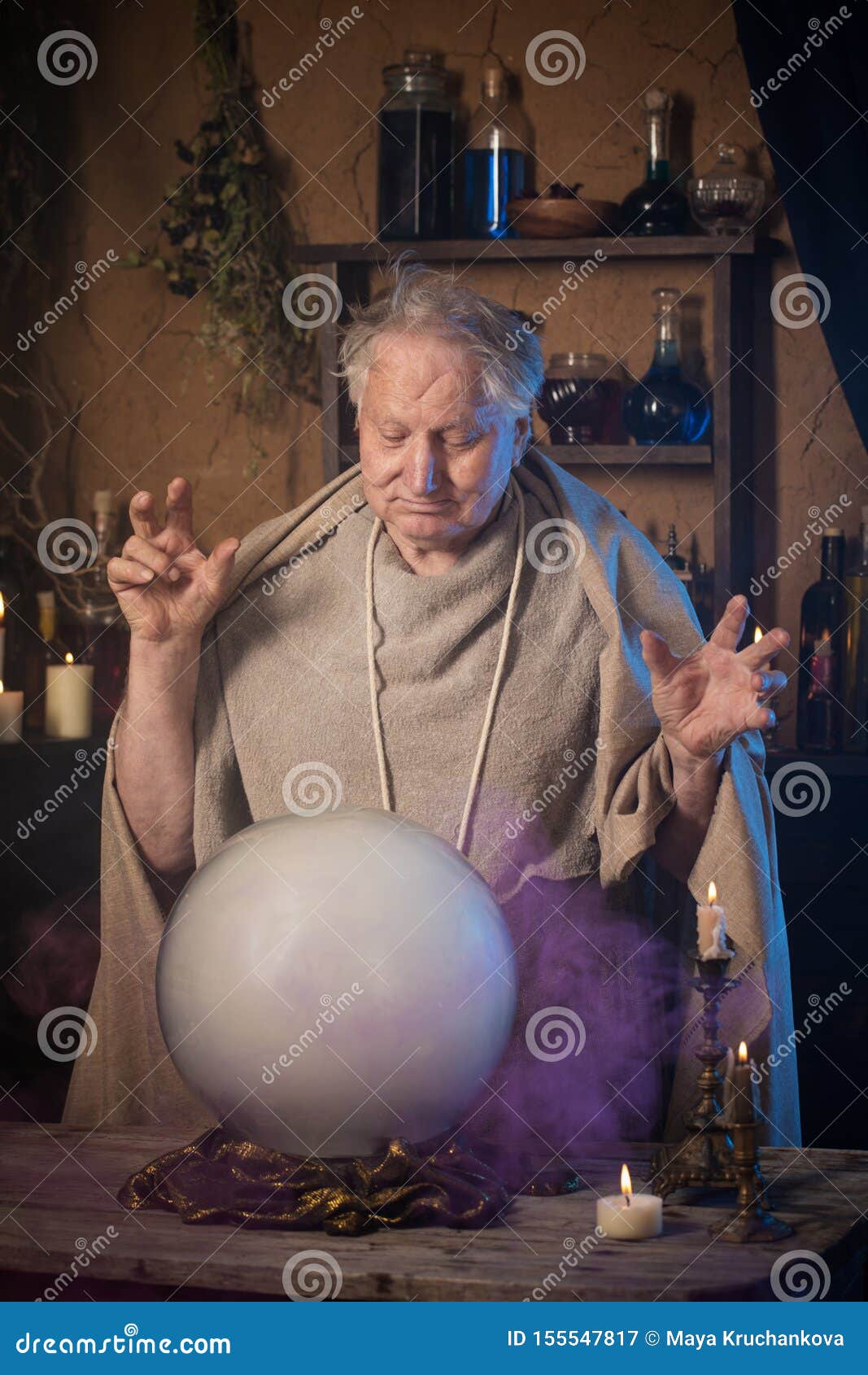 Elderly Wizard with Crystal Ball Stock Image - Image of book ...
