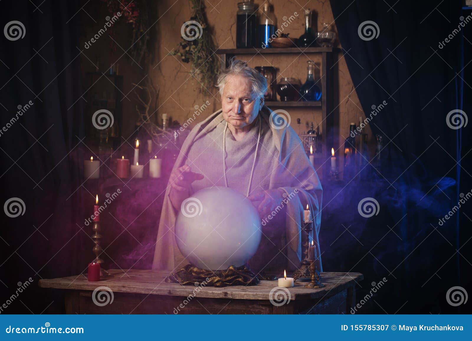 Elderly Wizard with Crystal Ball Stock Image - Image of magic, gray ...