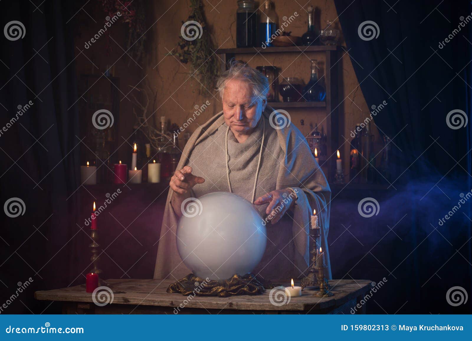 Elderly Wizard with Crystal Ball Stock Image - Image of interior ...
