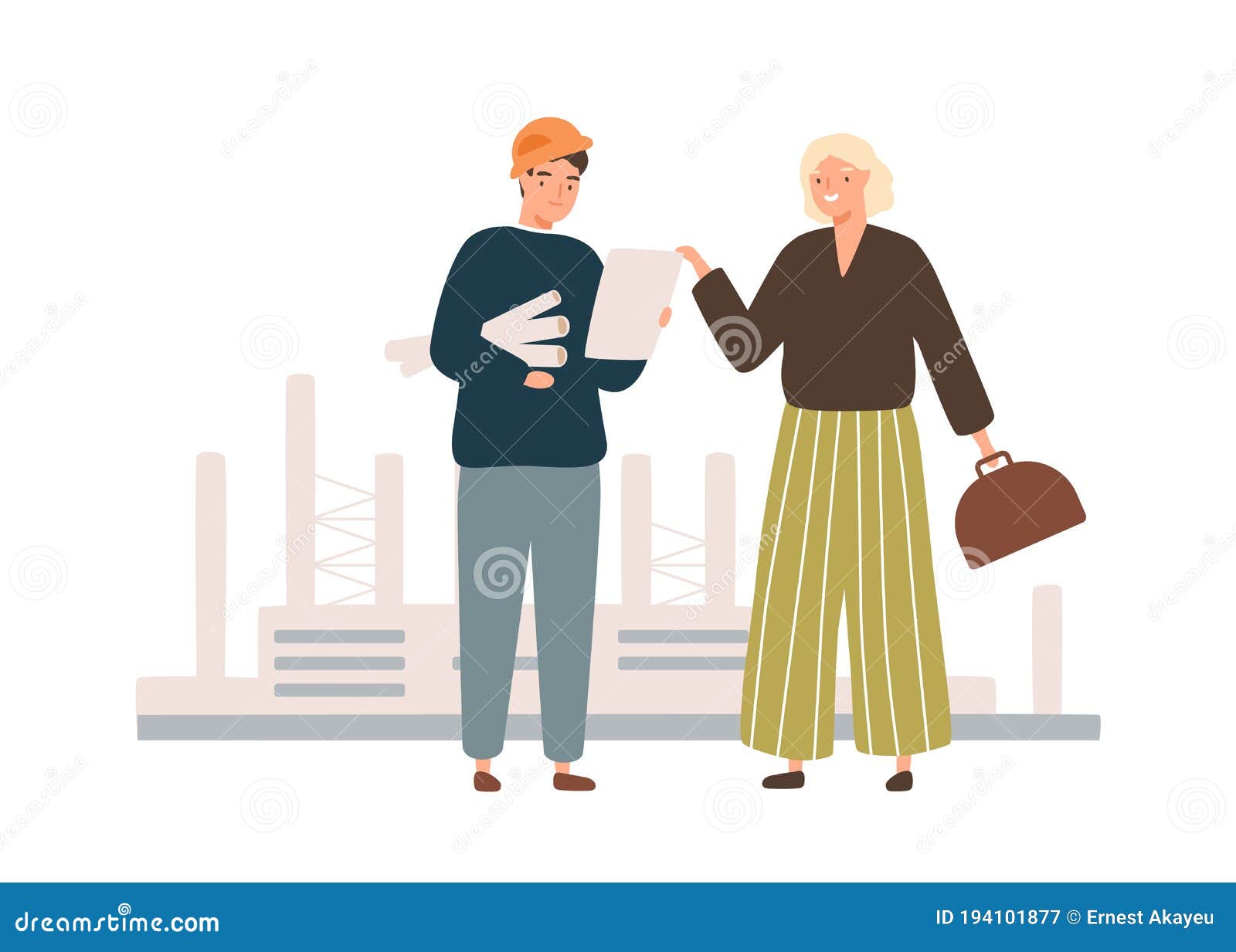 Elderly Woman Architect and Man Engineer Discuss Project Plan Vector ...