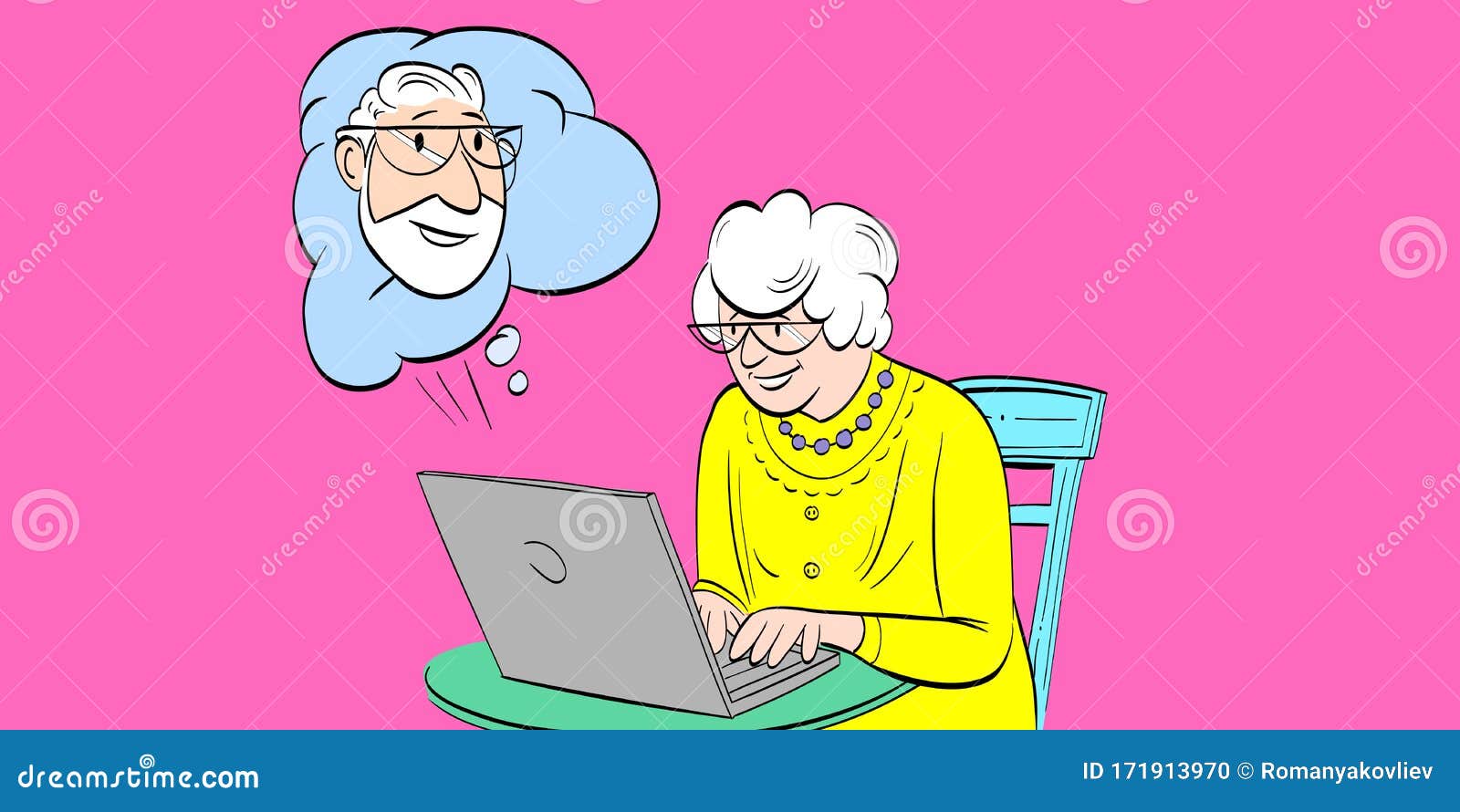 Elderly Woman Communicates on the Internet. Comics Cartoon Vector ...