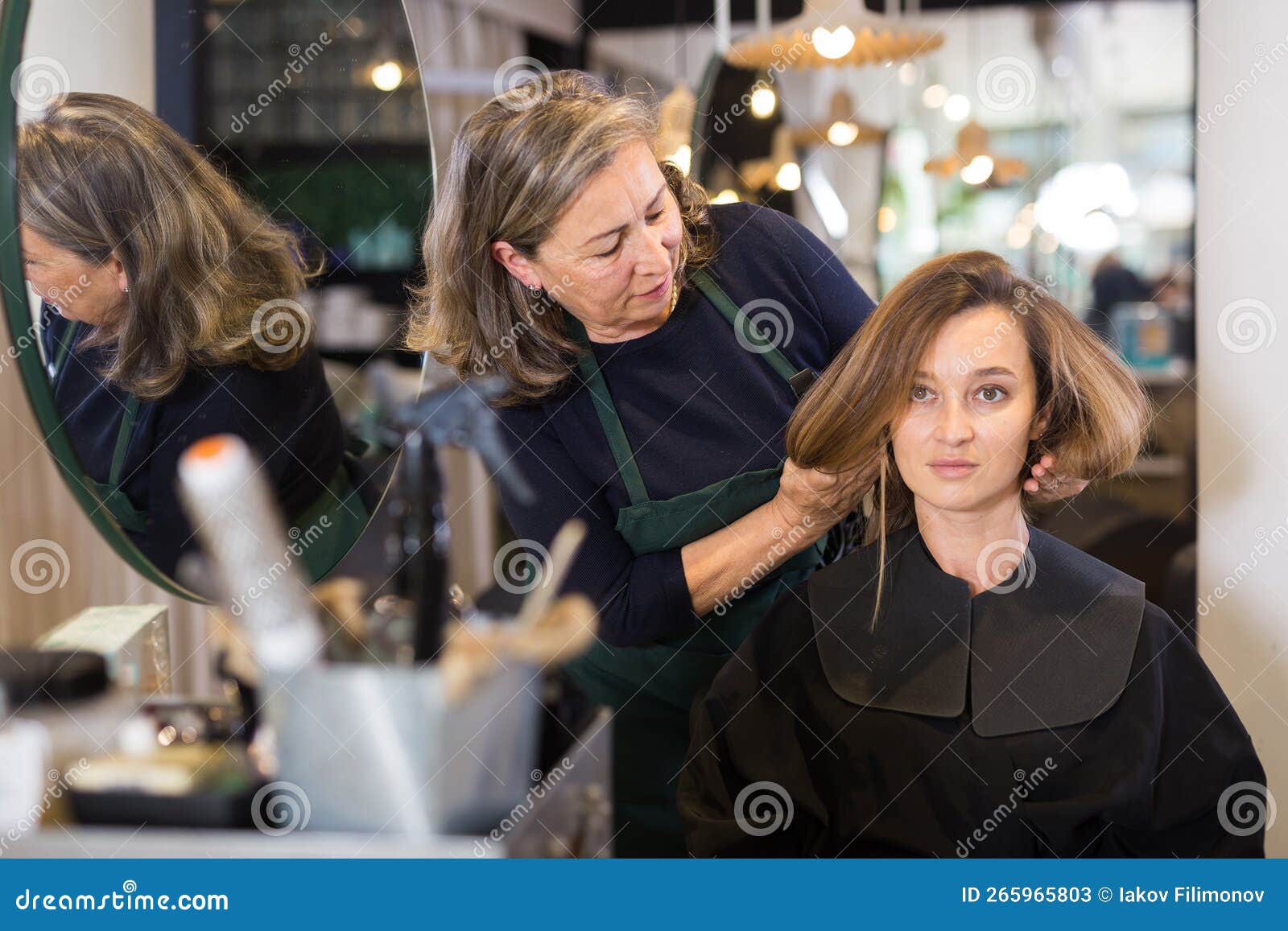 Elderly Woman Hair Stylist Discussing New Hairdo With Female Customer Stock Image Image Of